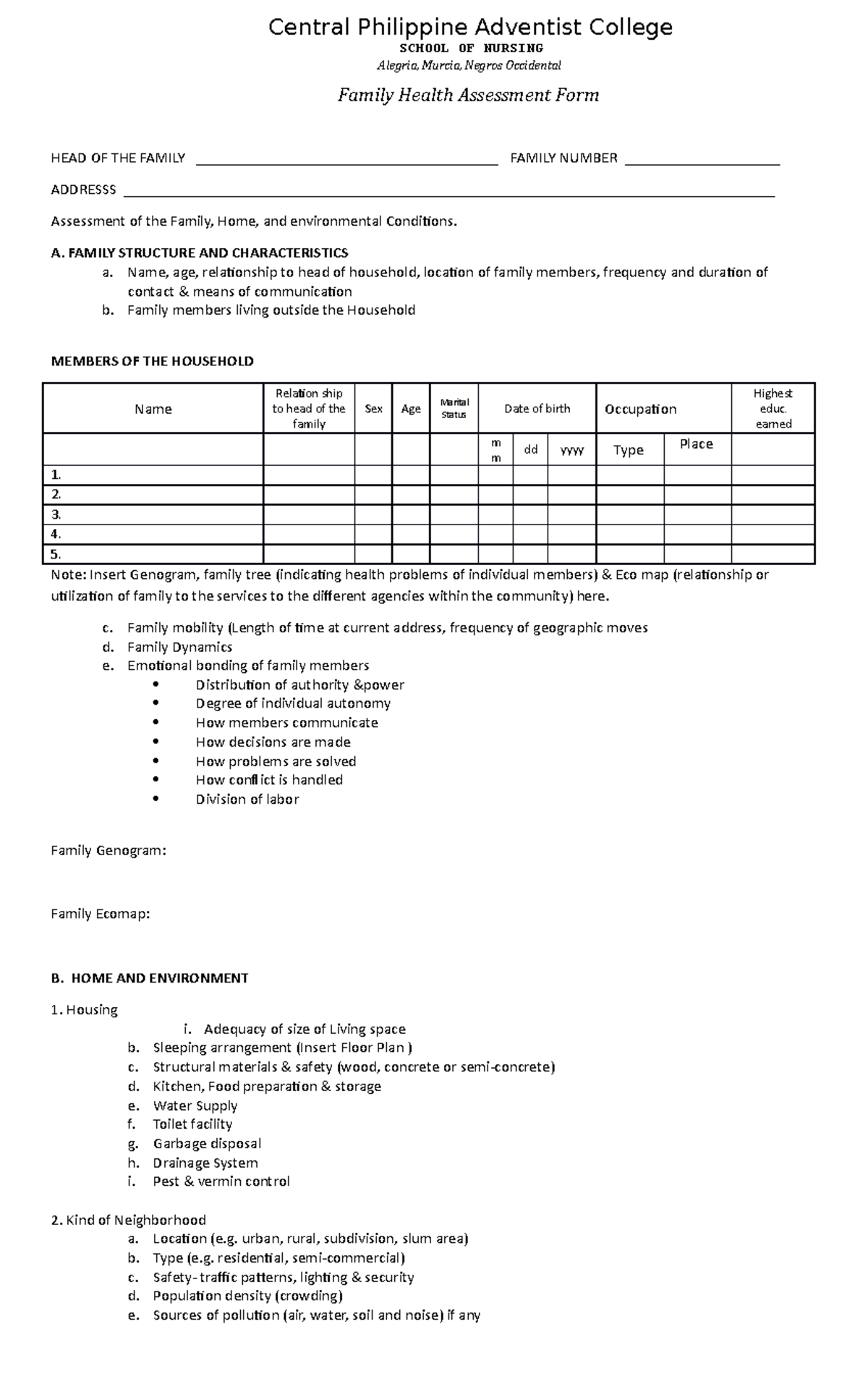 Family Health Assessment FORM 2 - HEAD OF THE FAMILY