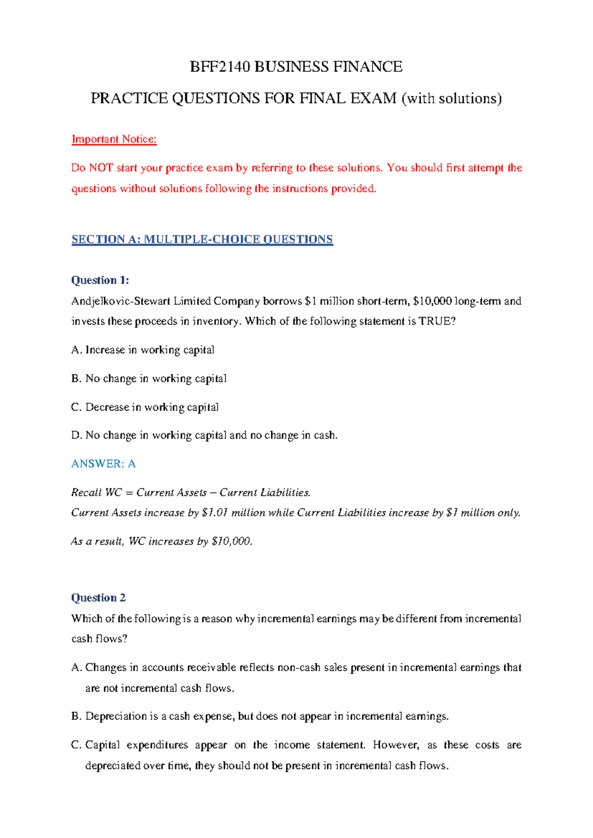BFF2140 - Solutions for Practice Questions for Final Exam - BFF 2140 ...