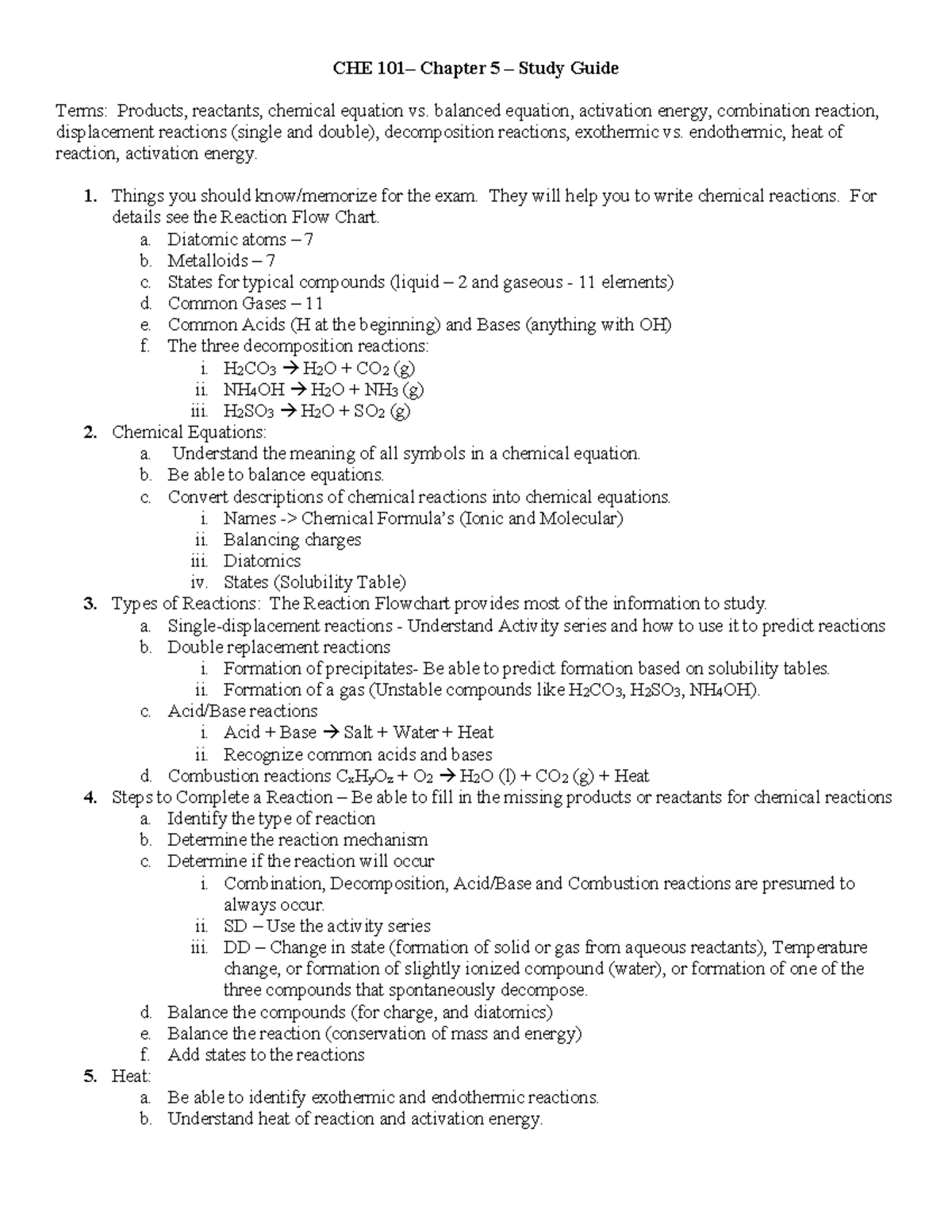 CHE101 Study Guide - CHE 101– Chapter 5 – Study Guide Terms: Products ...