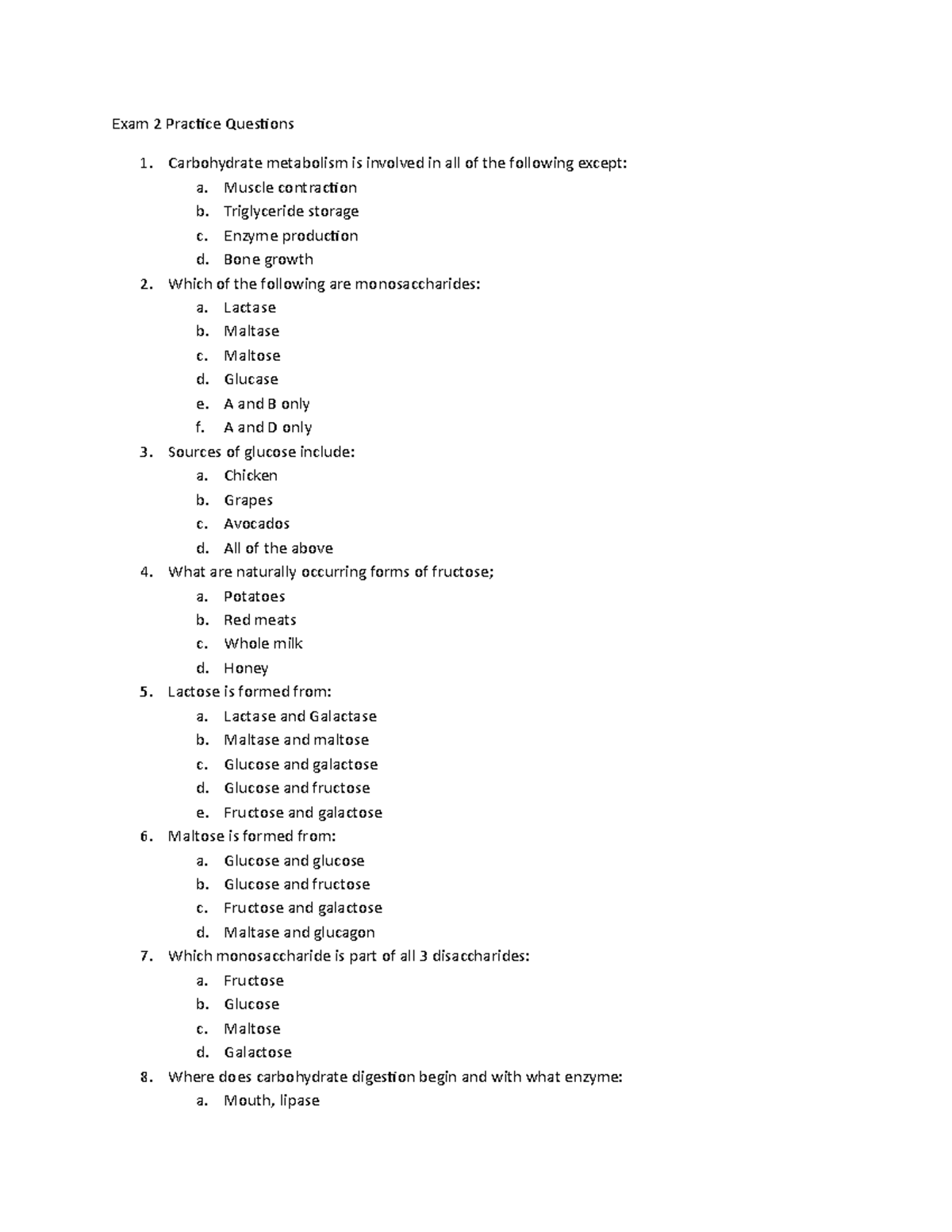 Exam 2 Practice Questions Nutrition - Exam 2 Practice Questions ...