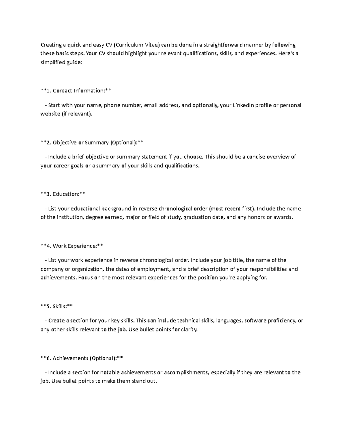 Creating a quick cv - Information relating to cv - Creating a quick and ...