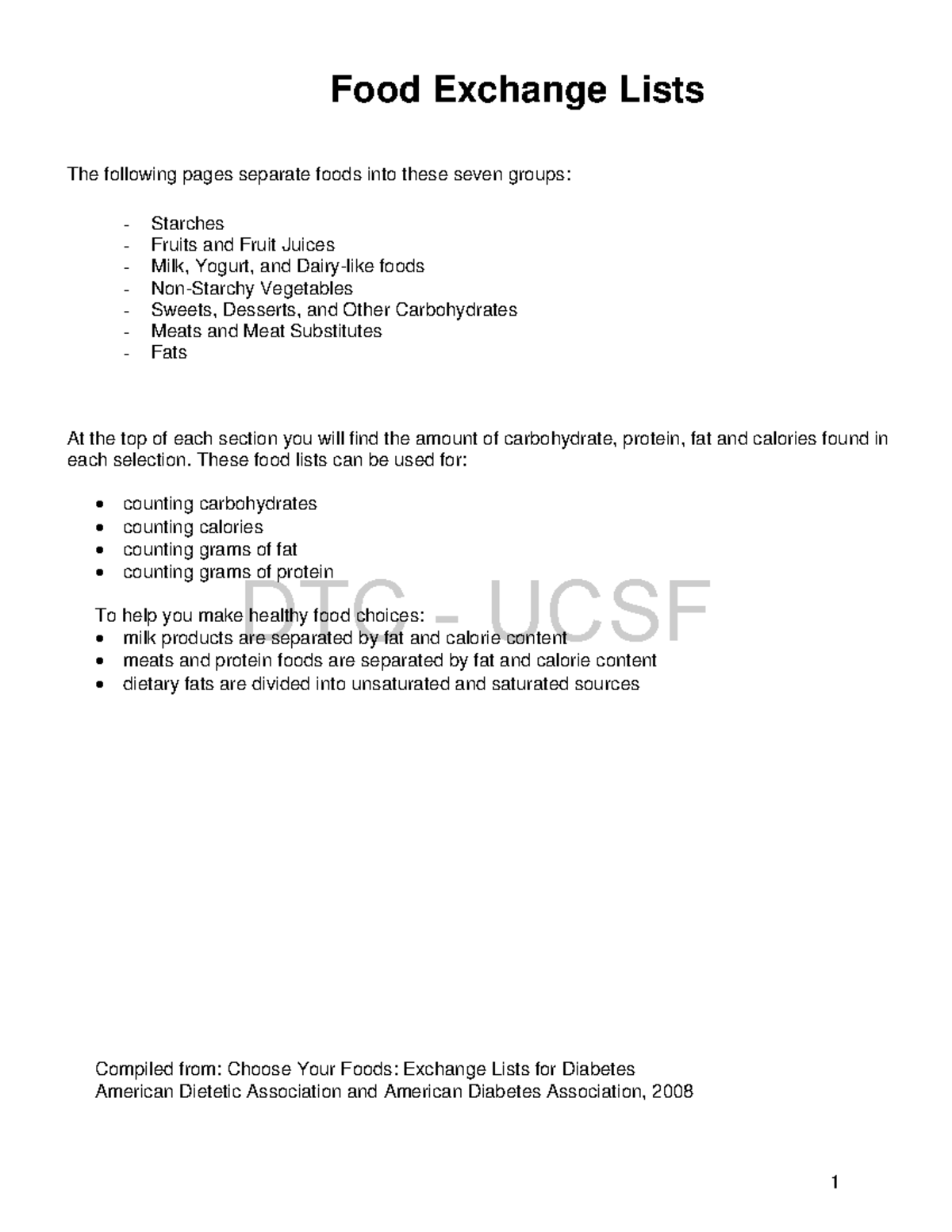 Food Exchange List Food Exchange Lists The Following Pages Separate Food Exchange List Food Exchange Lists The Following Pages Separate