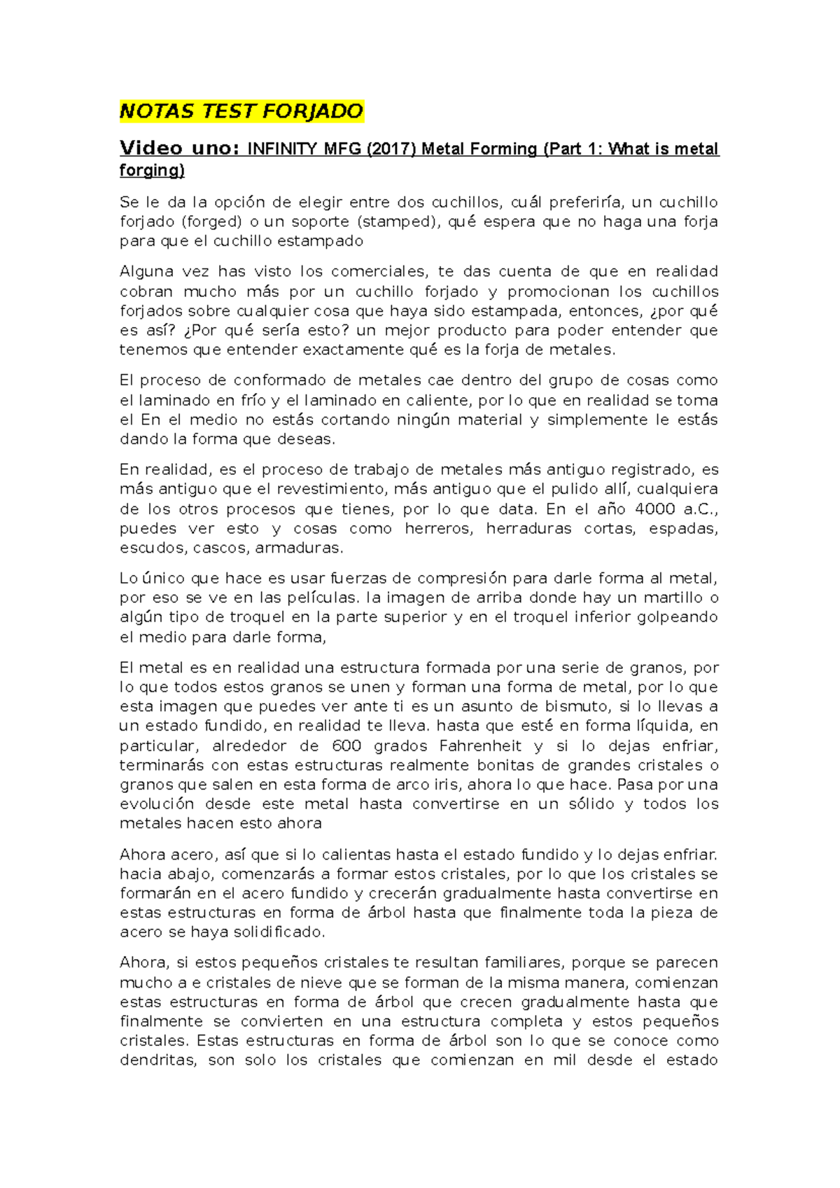 Notas TEST 4 - Forjado - NOTAS TEST FORJADO Video uno: INFINITY MFG ...