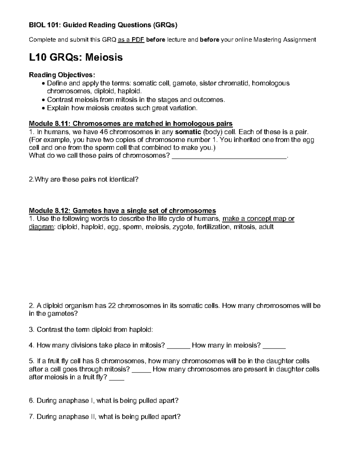 Lesson 10 GRQs Meiosis - N/A - BIOL 101: Guided Reading Questions (GRQs ...