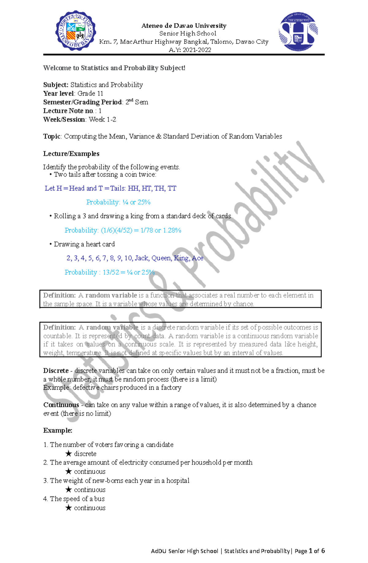 Statprob Moodle LC1 Mean, Variance SD of Random Variables - Ateneo de ...