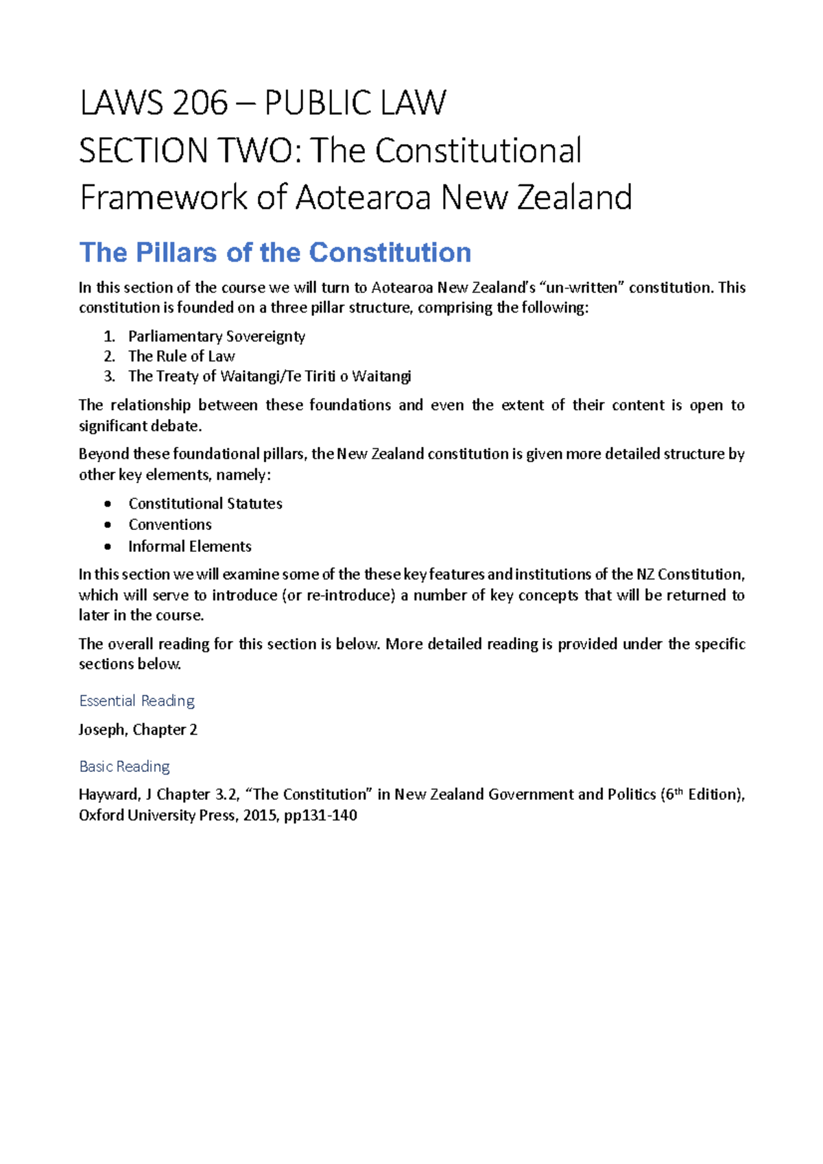 2. NZs Constitutional Framework - LAWS 206 – PUBLIC LAW SECTION TWO ...