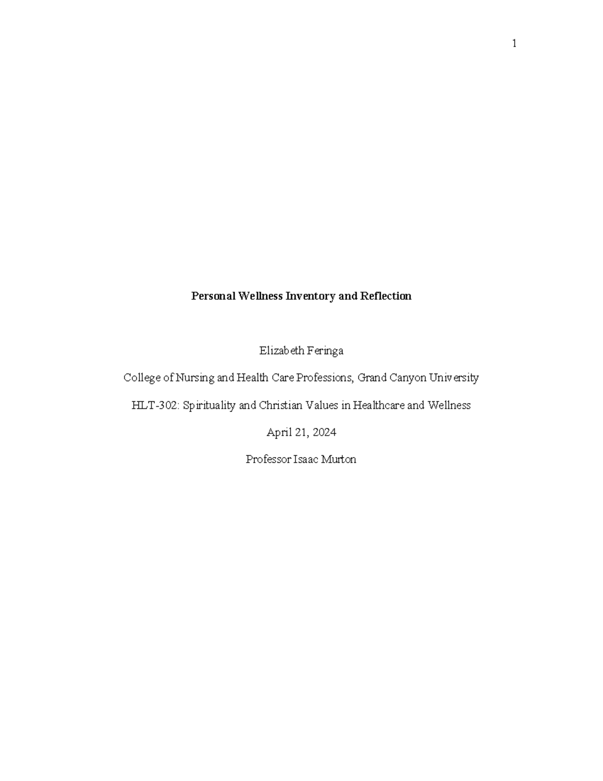 Personal Wellness Inventory and Reflection- Elizabeth - Personal ...
