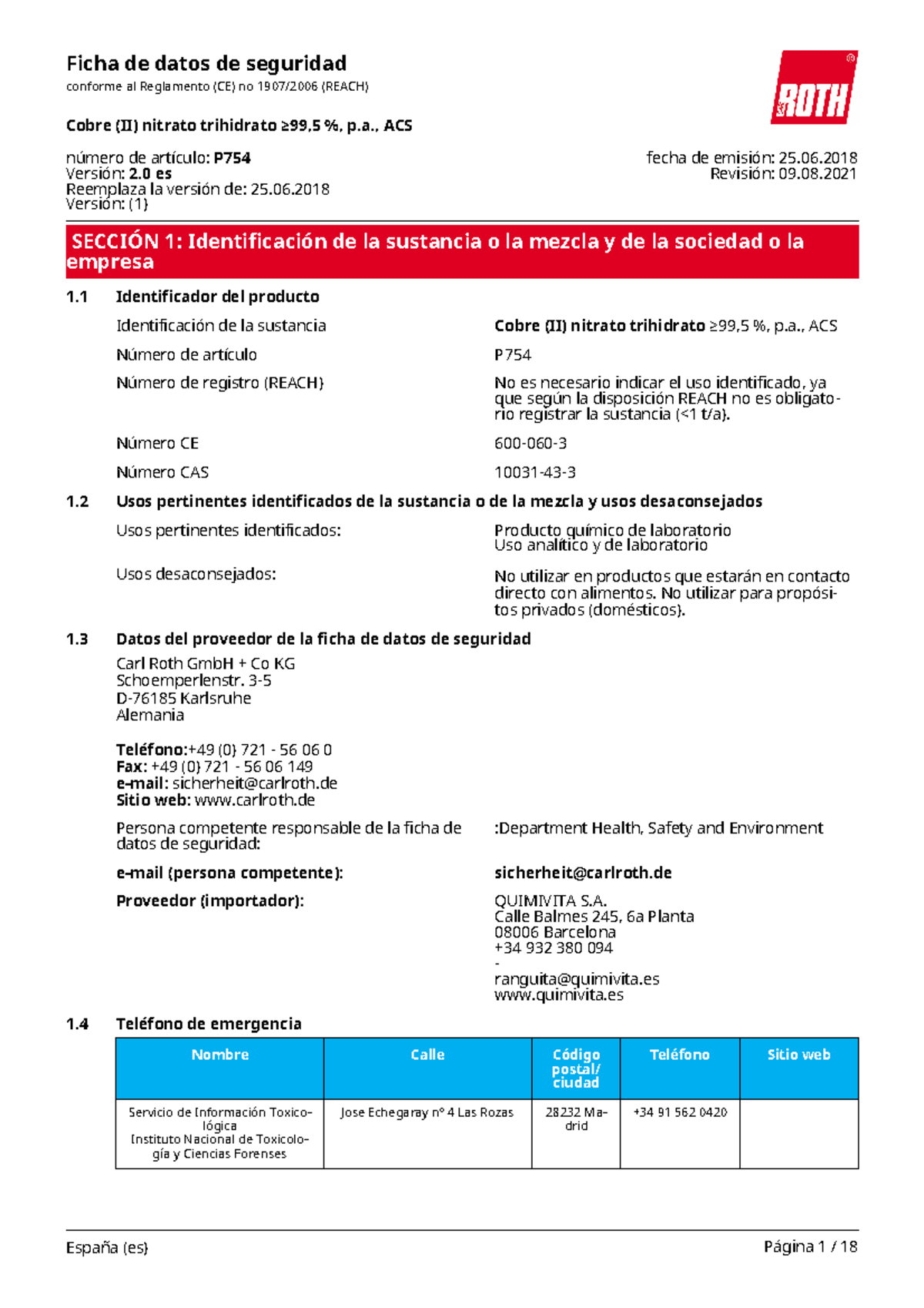 HDS cu(no3)2 - Hojas de seguridad - SECCIÓN 1: Identificación de la ...