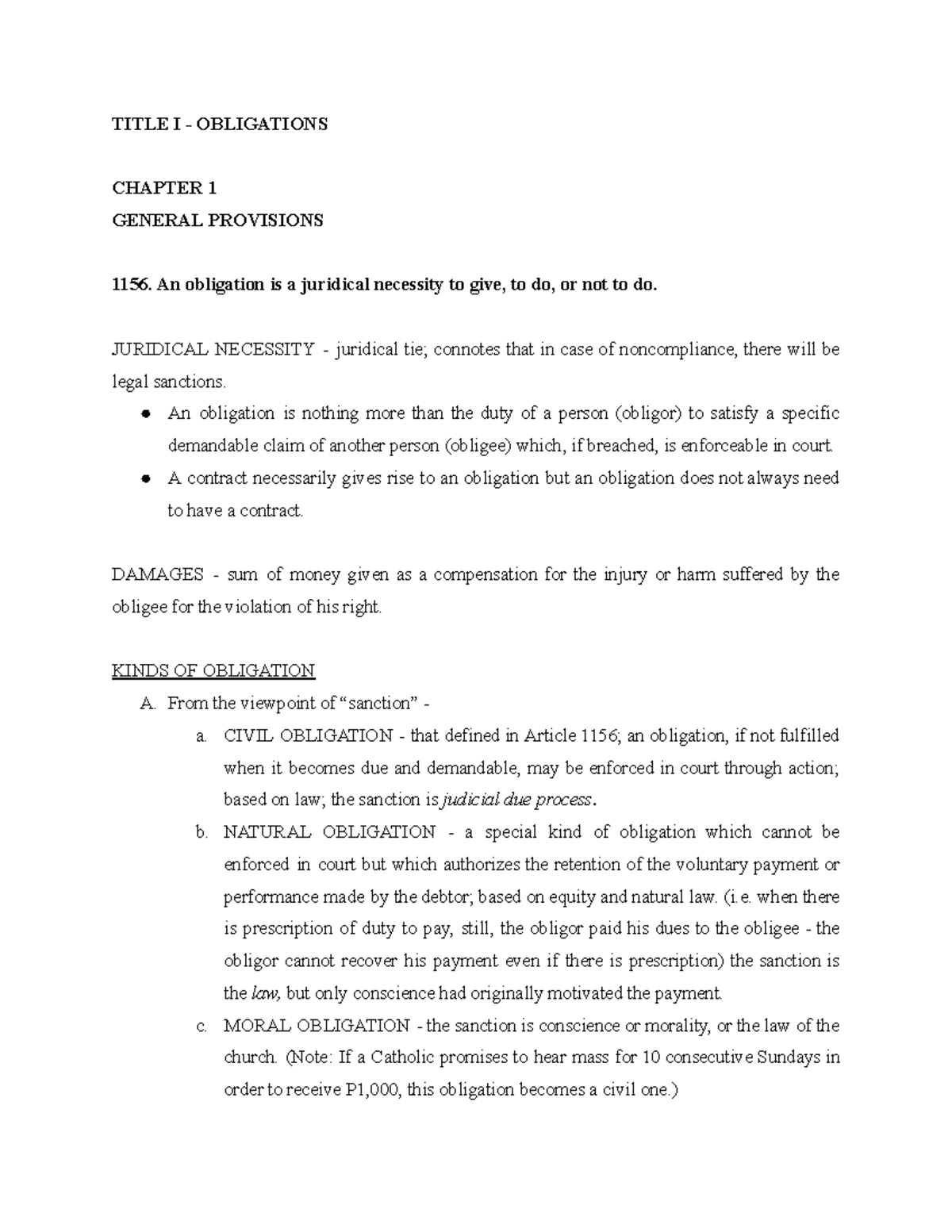 LAW 201 Chapter 1 - hffsafkfs - TITLE I - OBLIGATIONS CHAPTER 1 GENERAL PROVISIONS 1156. An ...