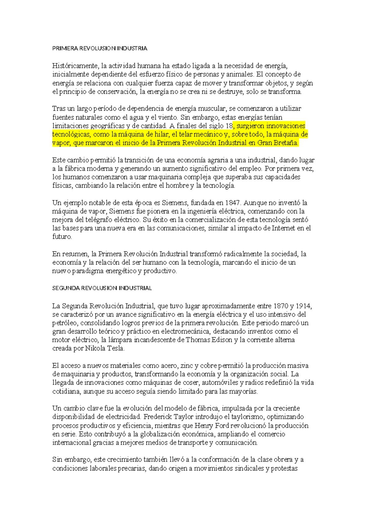 Tecnologia Resumen - PRIMERA REVOLUSION INDUSTRIA Históricamente, la ...