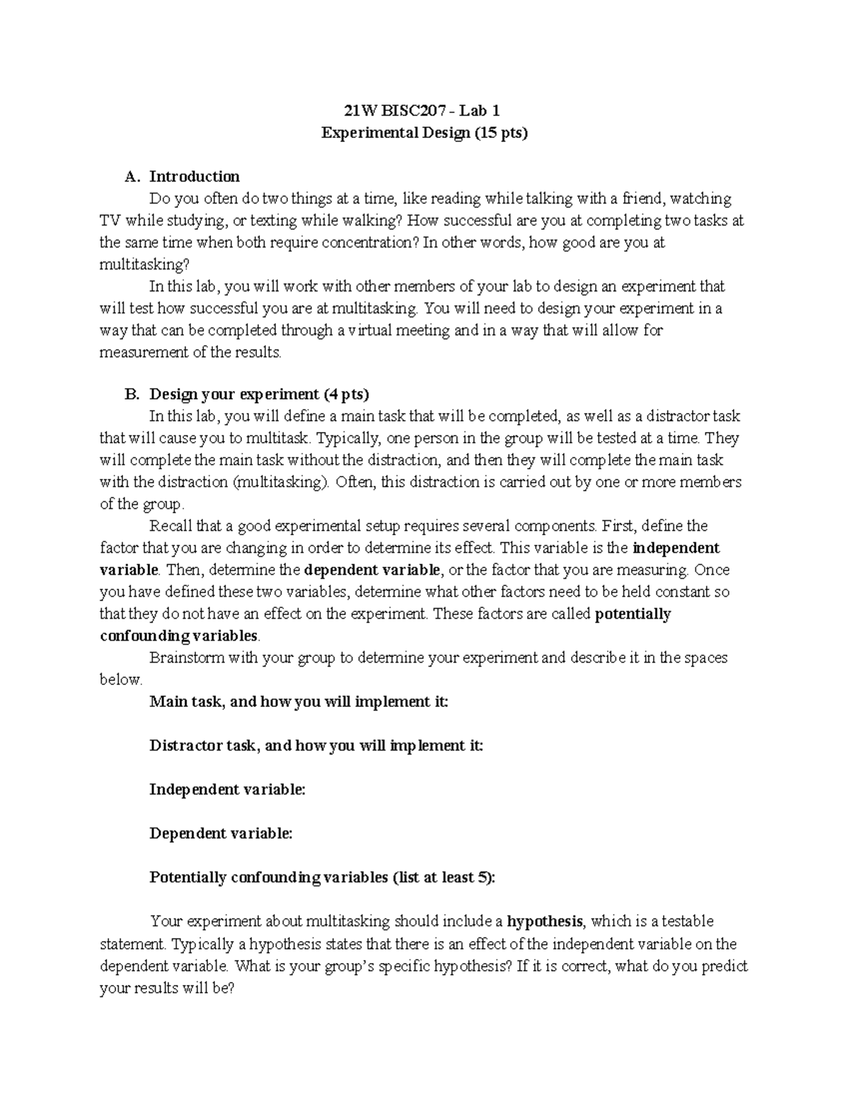 21W BISC207 - Lab 1 - Experimental Design - Introduction Do you often ...