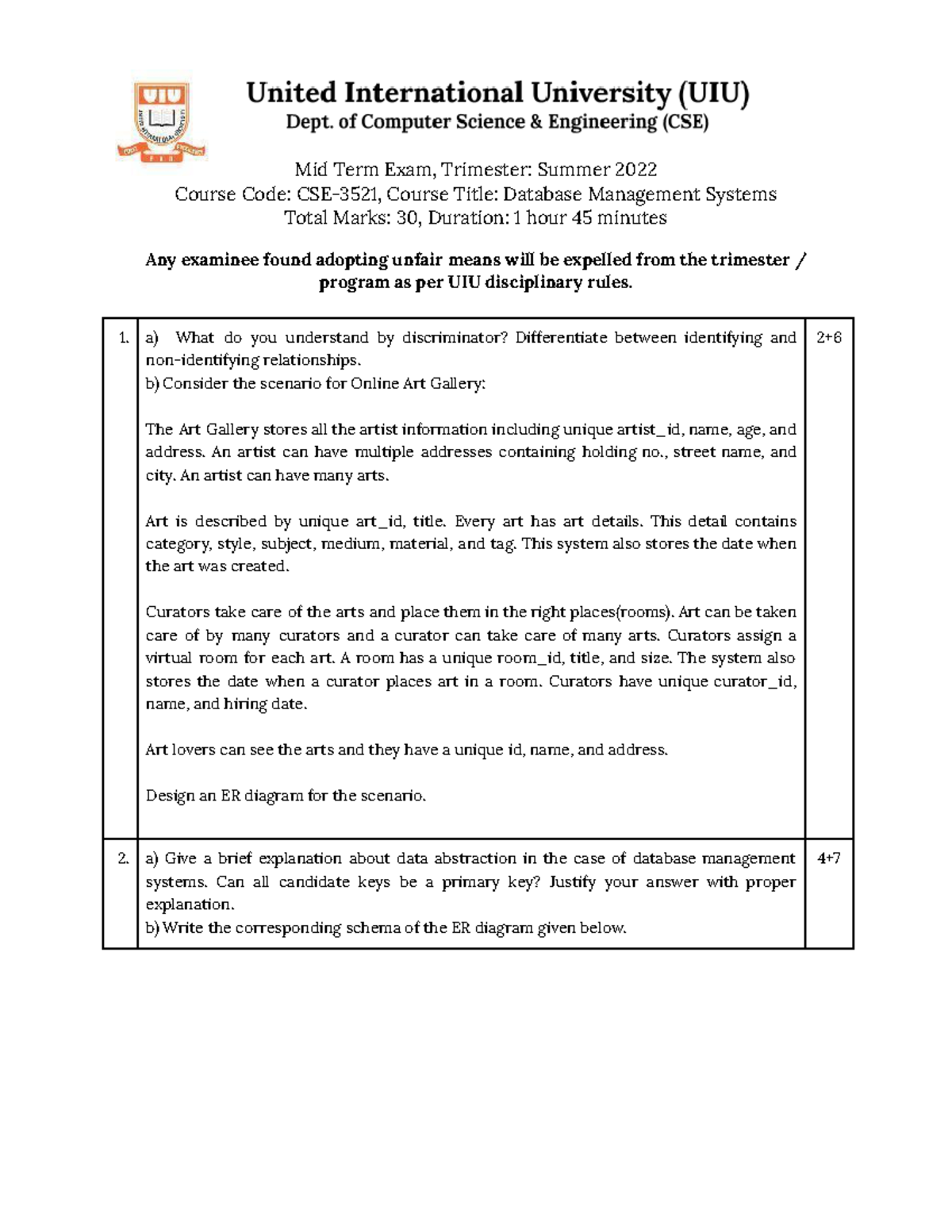 Mid Term Question 222 CSE3521 B FAH - Mid Term Exam, Trimester: Summer 2022 Course Code: CSE ...