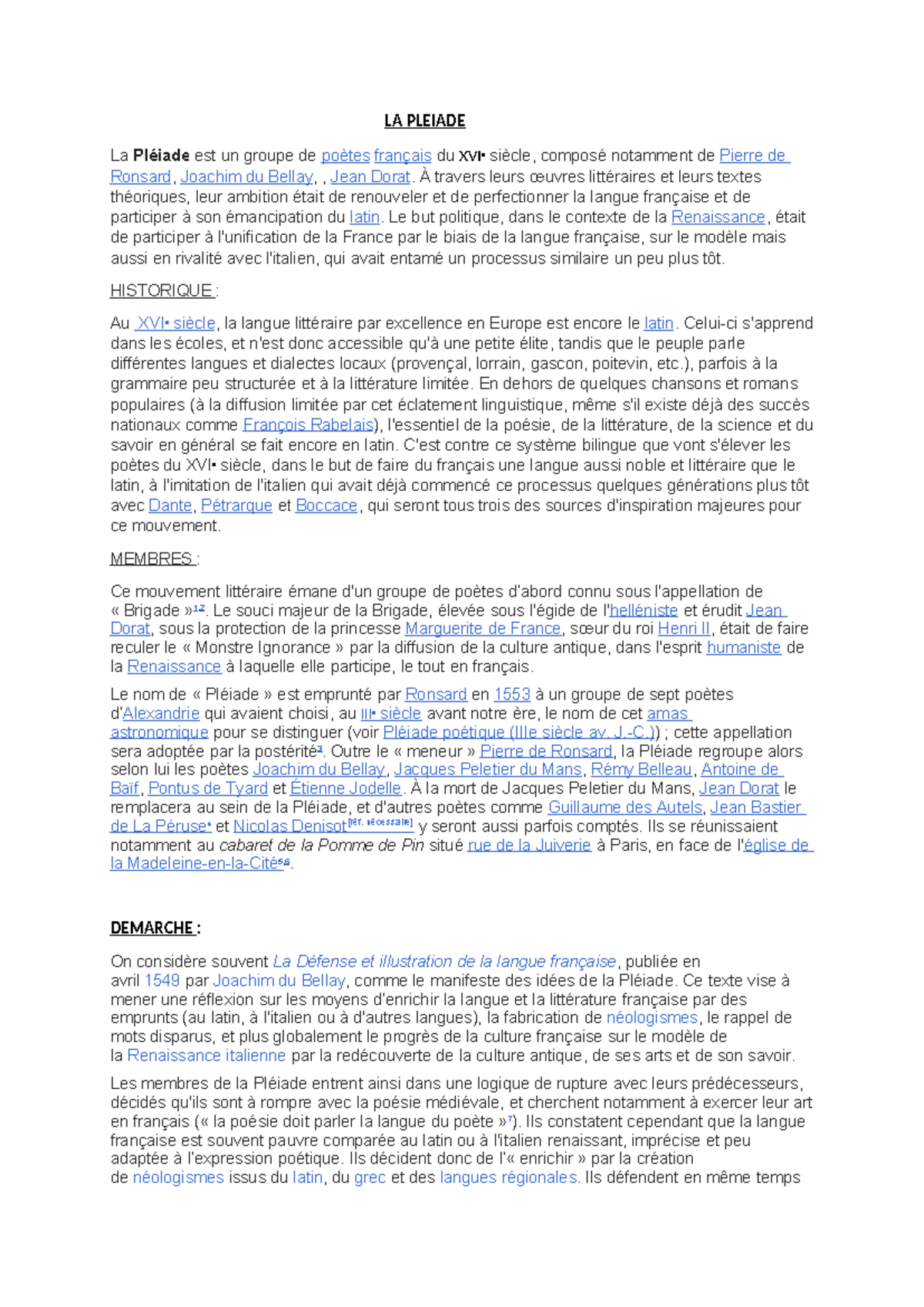 La Pléiade - Riassunto Letteratura francese i - LA PLEIADE La Pléiade ...