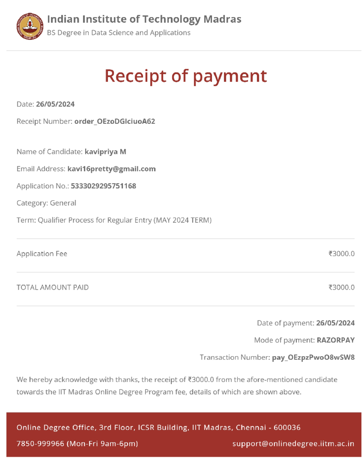 Receipt - Doing online IIT BSC.Degree for Data Science course need ...