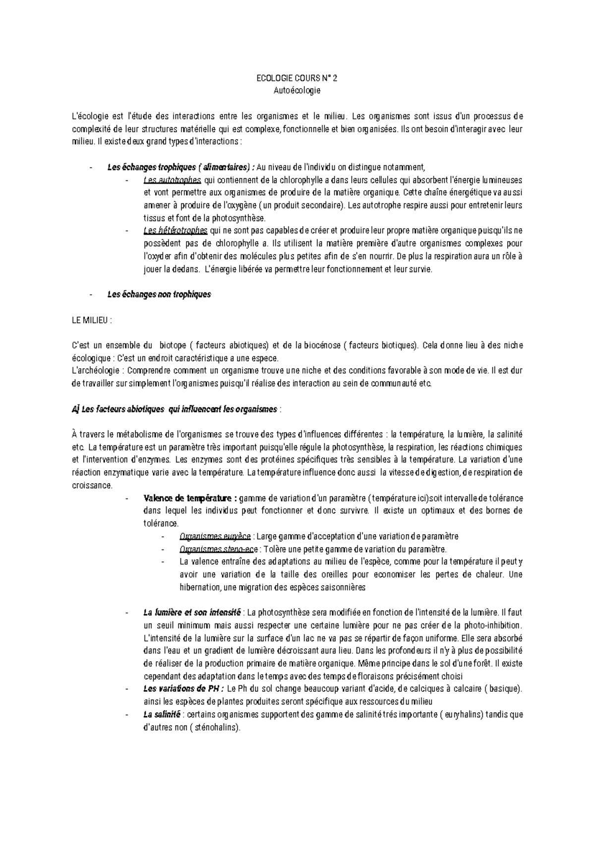 2ECO - Cours N° 2 - ECOLOGIE COURS N° 2 Autoécologie L’écologie est l ...