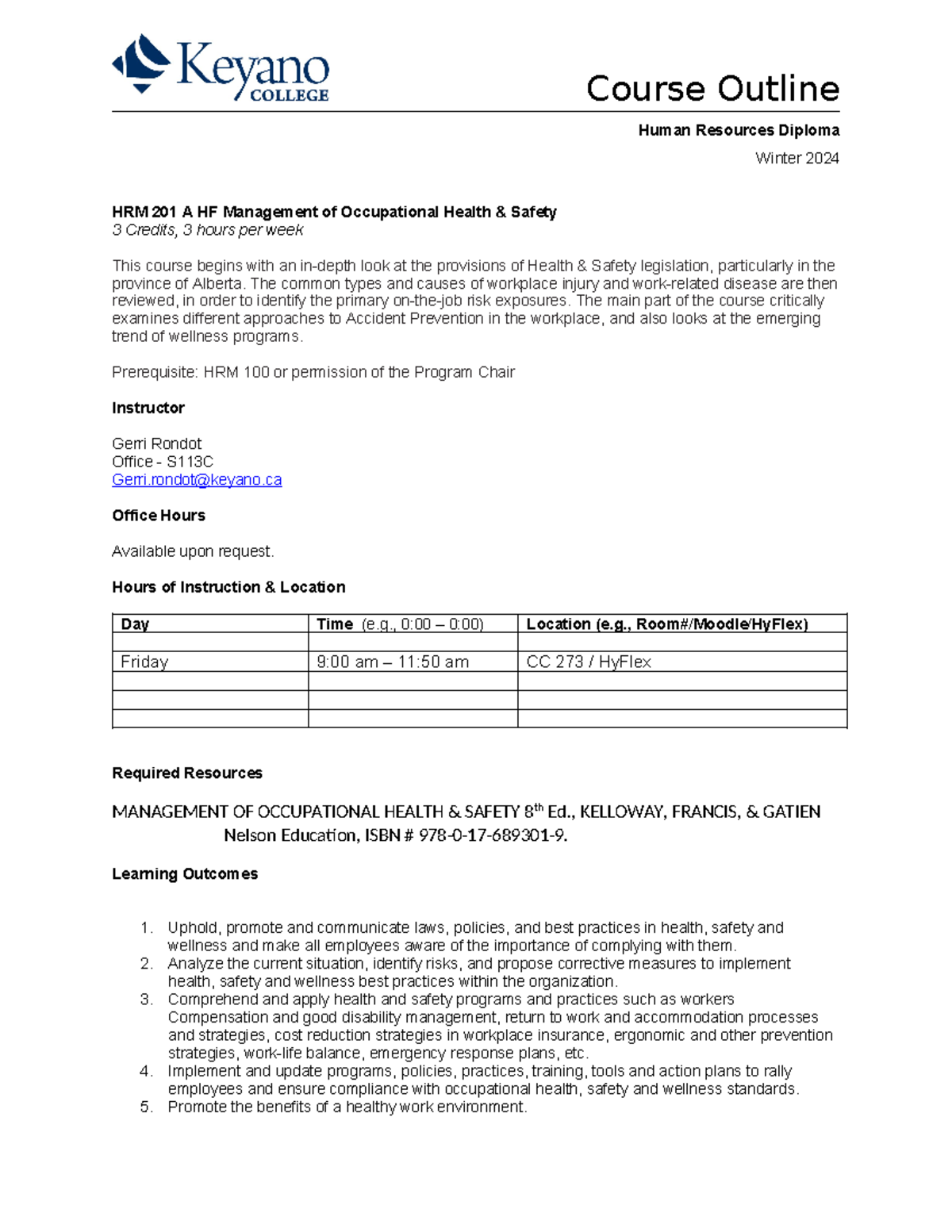 HRM 201 Course Outline W24 - Course Outline Human Resources Diploma ...