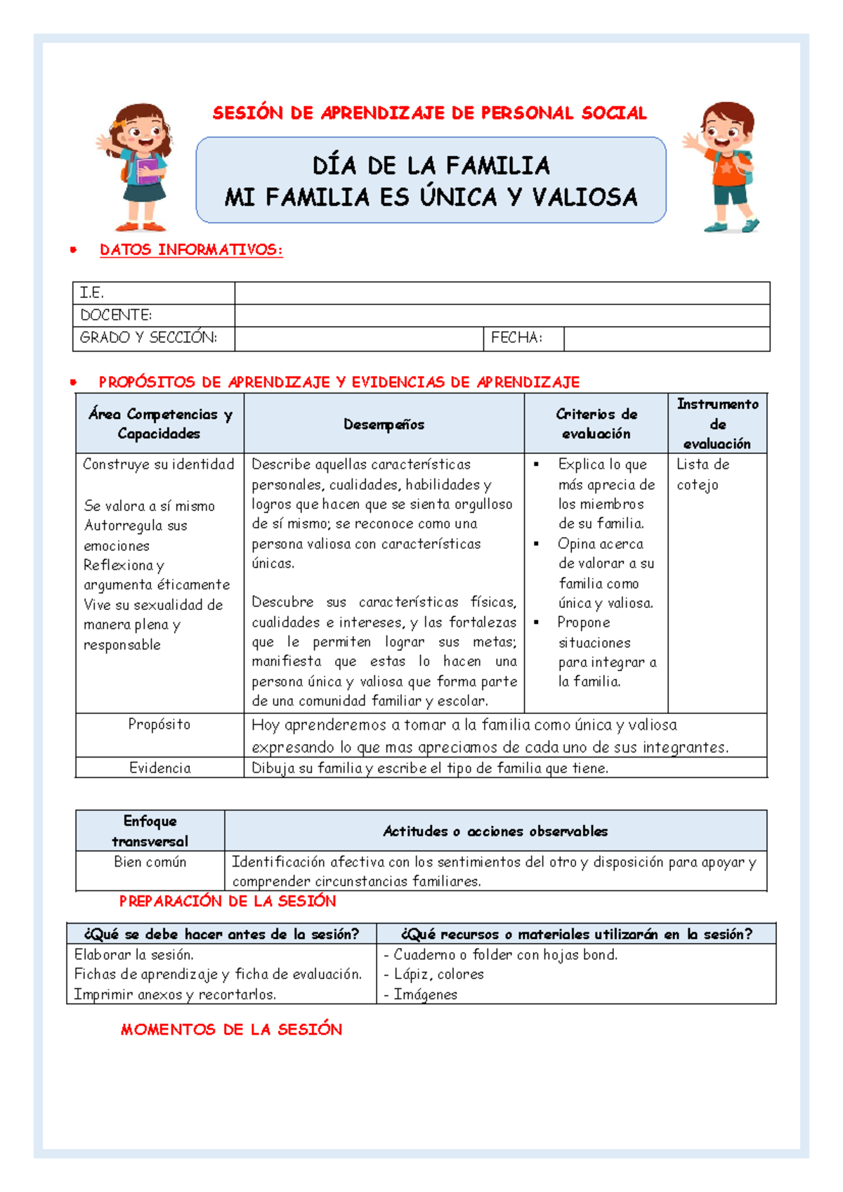 Fecha Civica - Sesion - DÍA DE LA Familia - SESIÓN DE APRENDIZAJE DE ...