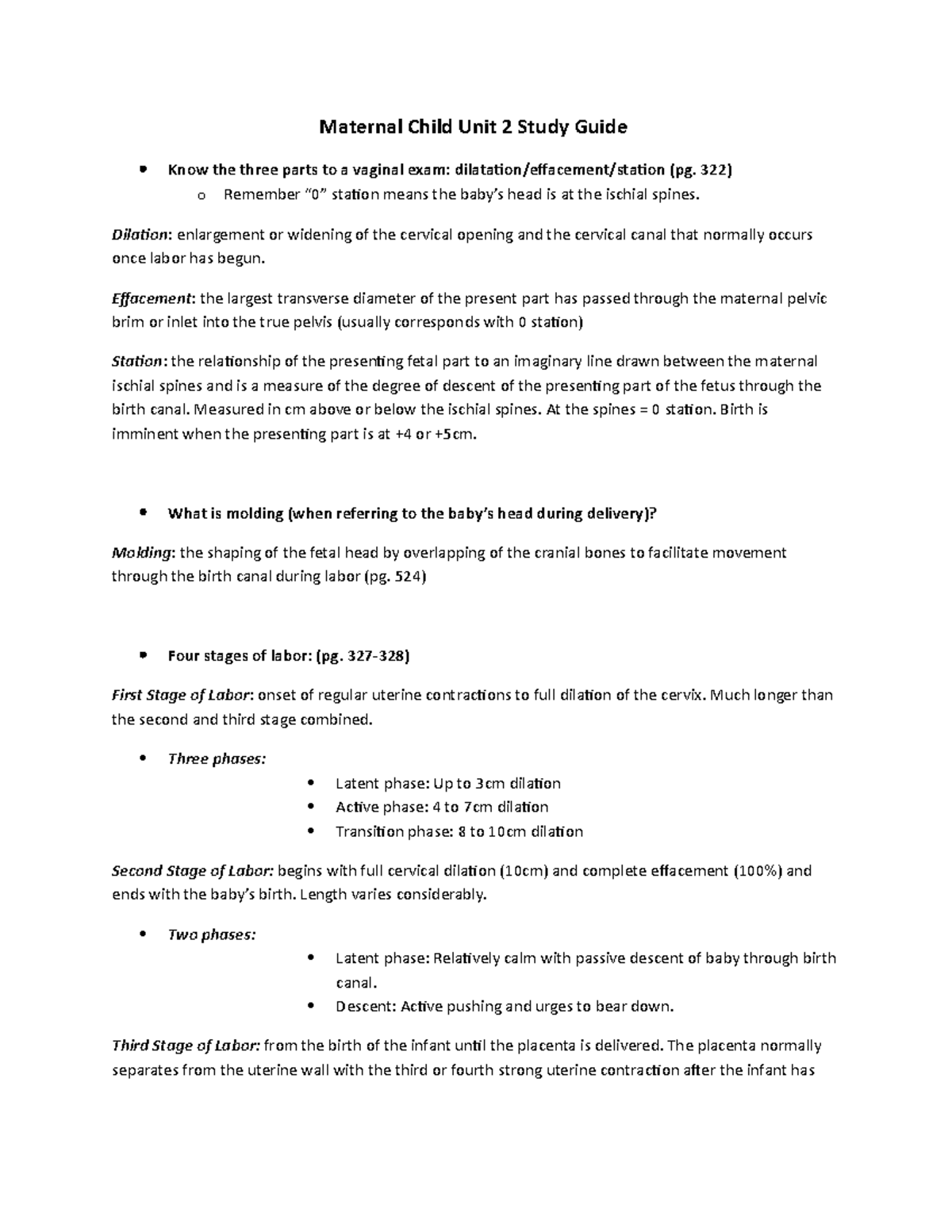 Maternal Child Unit 2 Study Guide - Maternal Child Unit 2 Study Guide ...