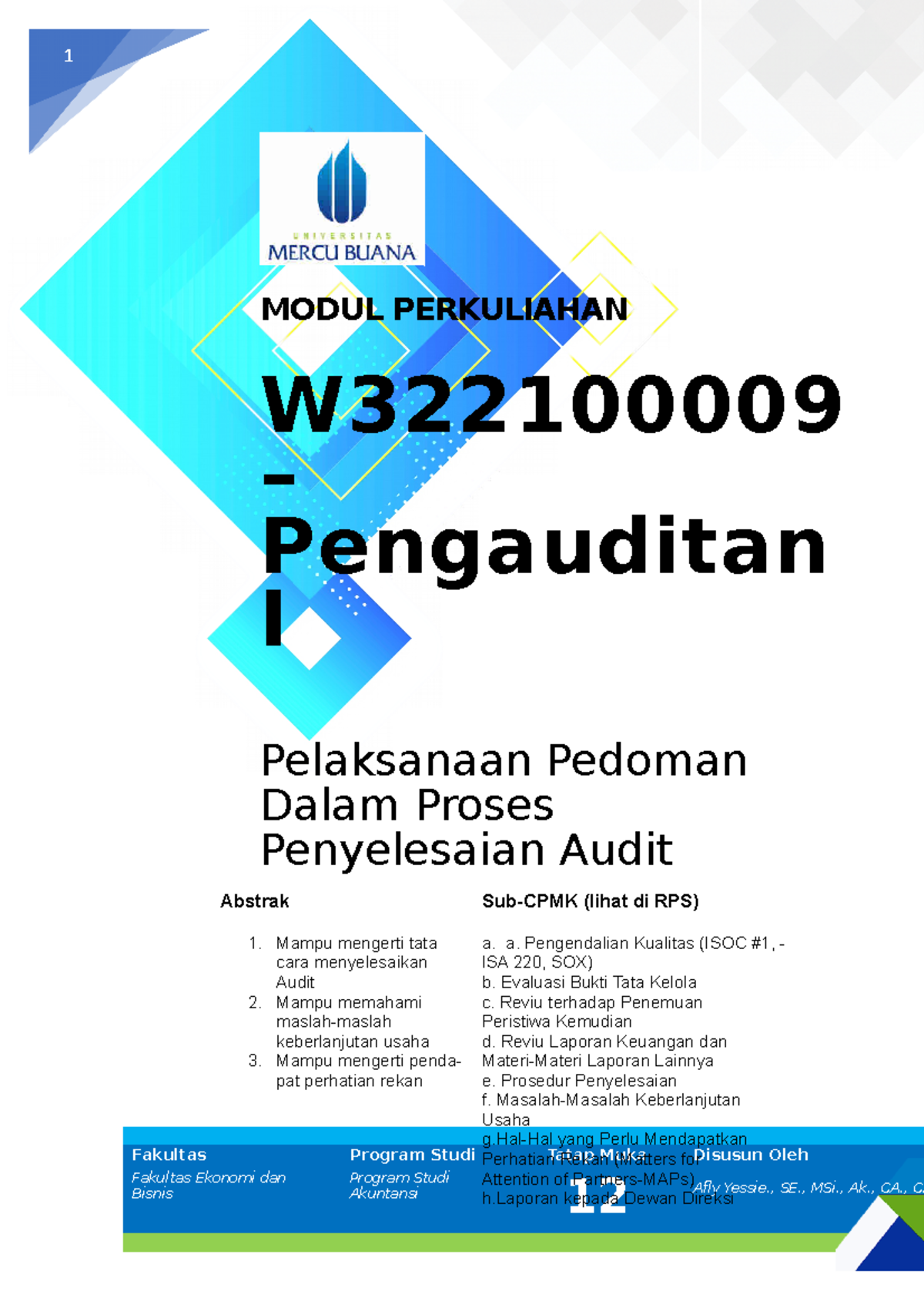 Modul XII Audit I - 1 MODUL PERKULIAHAN W – Pengauditan I Pelaksanaan ...