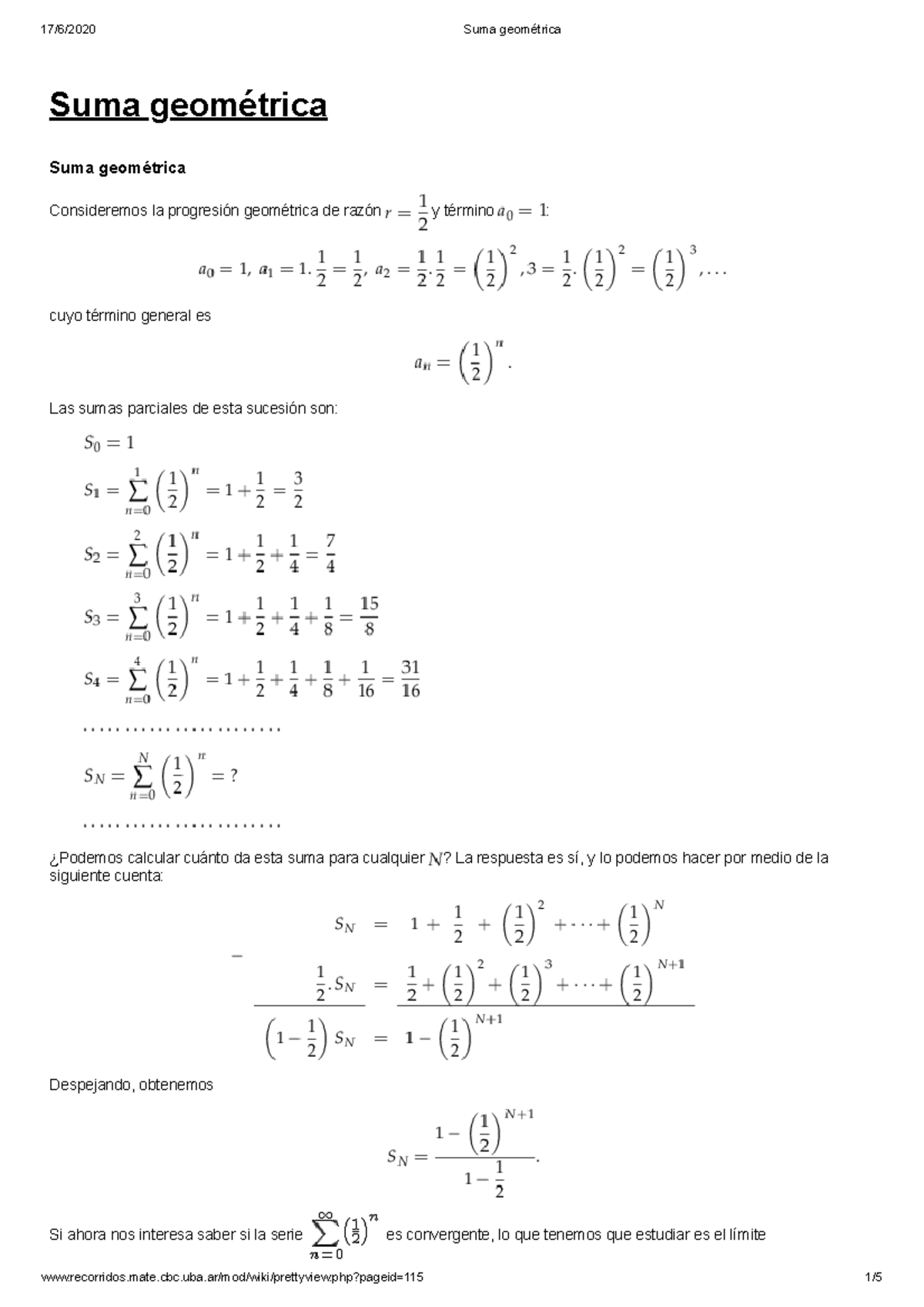 Suma geométrica - Suma geométrica Suma geométrica Consideremos la ...