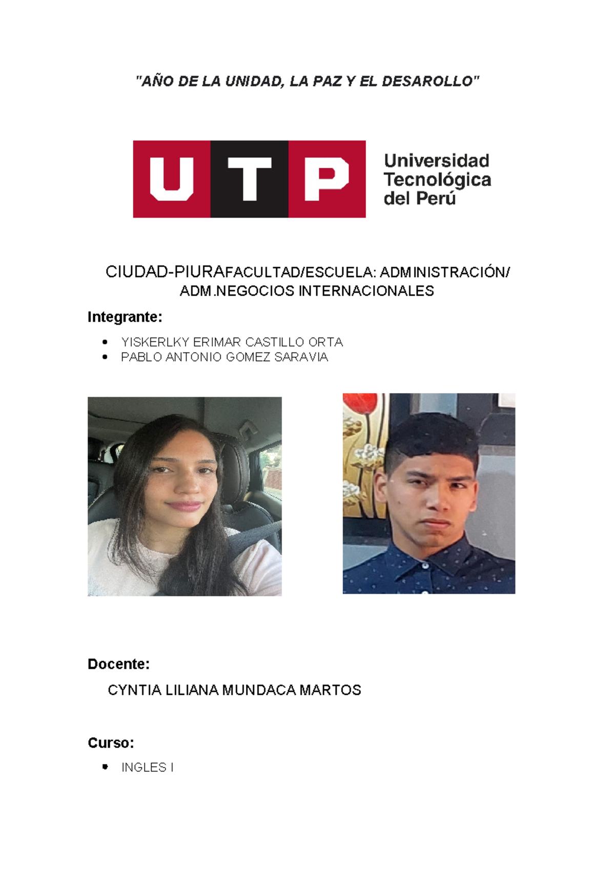 Ingles WEEK 12 - lkjjj - ingles, tarea - "AÑO DE LA UNIDAD, LA PAZ Y EL ...