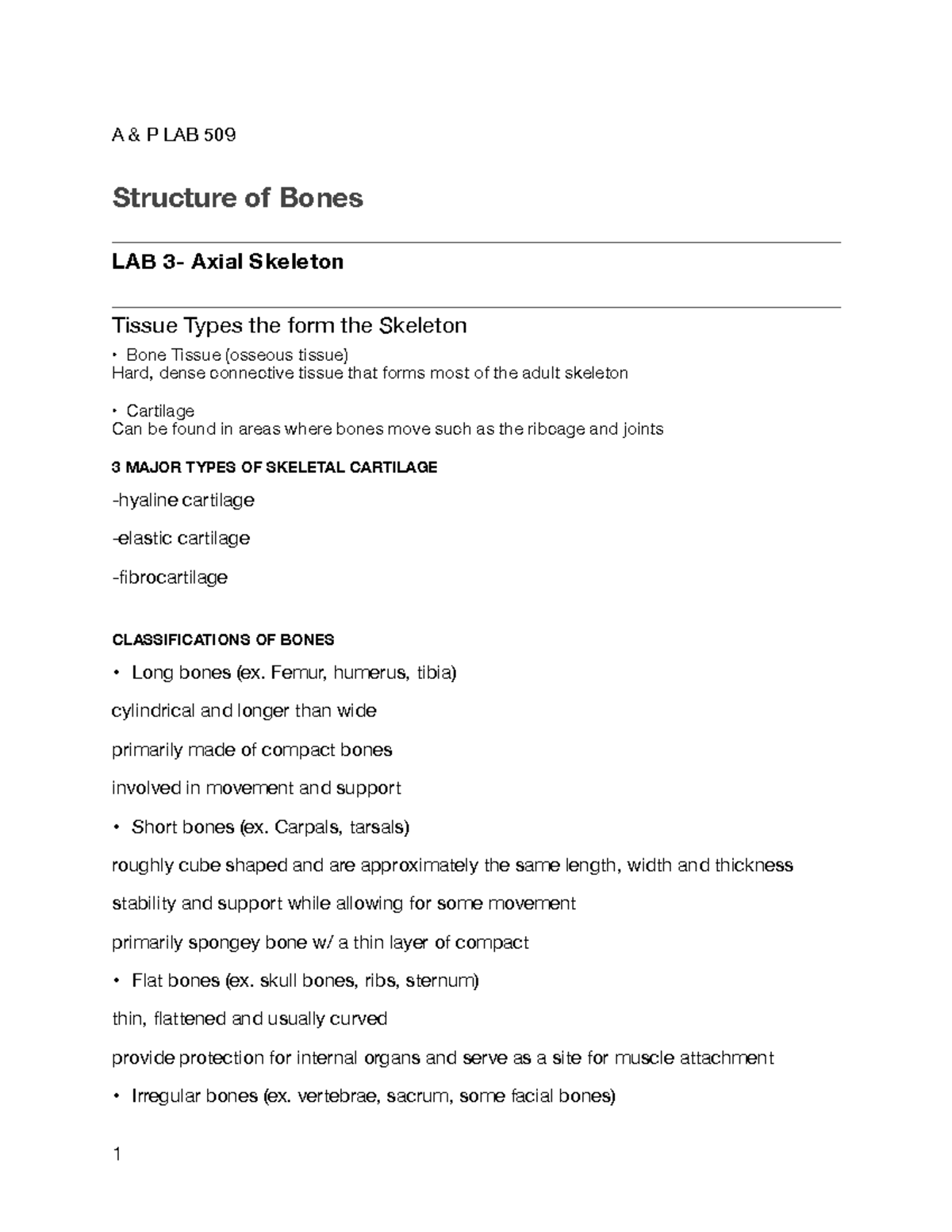 Lab 3 & 4- The Skeletal System - A & P LAB 509 Structure of Bones LAB 3 ...