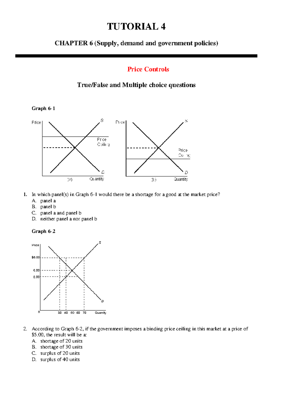 Tutorial 4 - notes - TUTORIAL 4 CHAPTER 6 (Supply, demand and ...