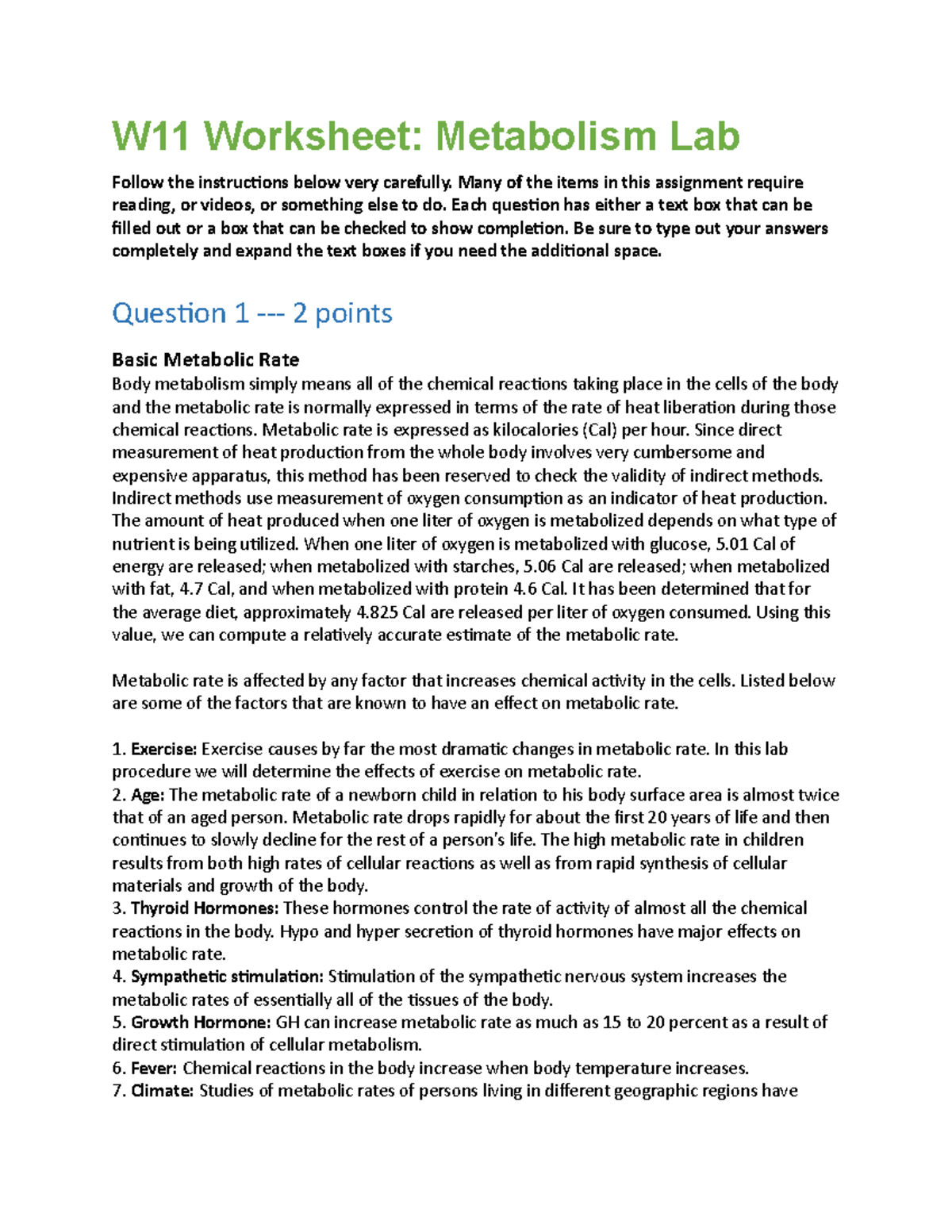 W11 Worksheet Metabolism Lab - W11 Worksheet: Metabolism Lab Follow the ...
