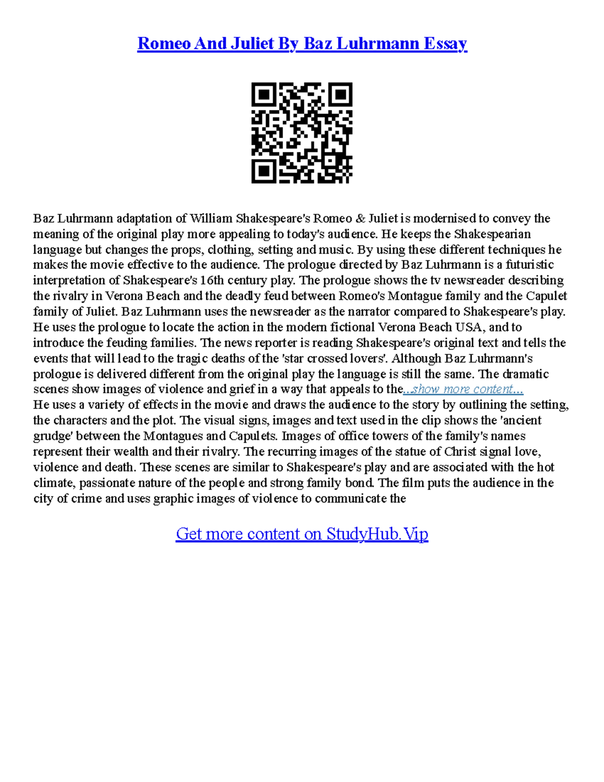 Romeo And Juliet Baz Luhrmann Essay - Romeo And Juliet By Baz Luhrmann ...
