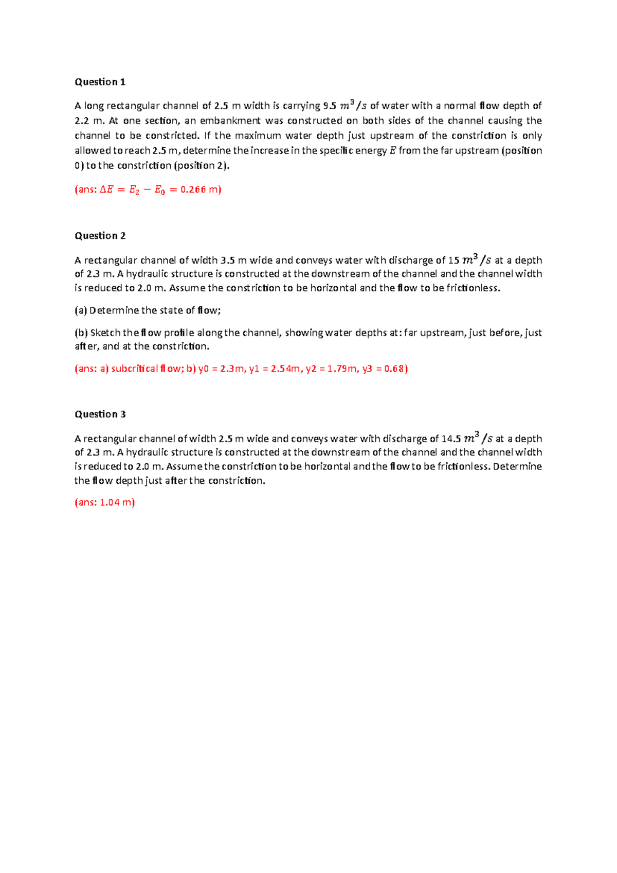 Tutorial constriction - Question 1 A long rectangular channel of 2. 5 m ...