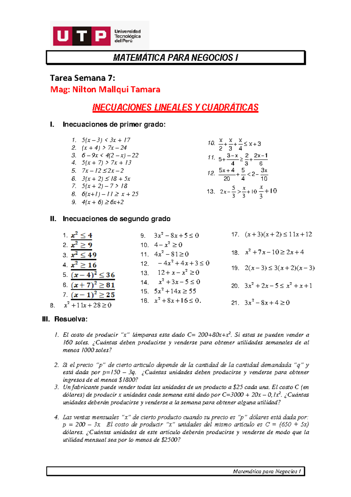 Inecuaciones Lineales Y Cuadraticas - Tarea Semana 7 - Matemática para Negocios I MATEMÁTICA ...