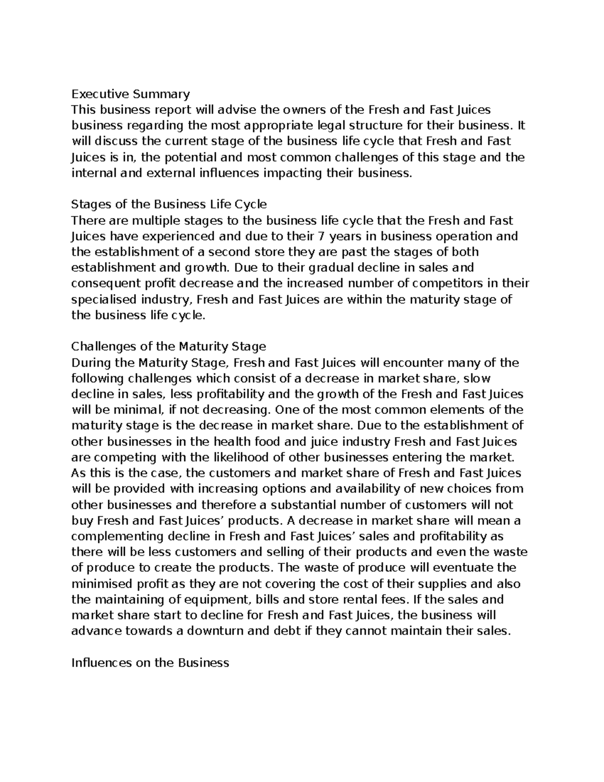 Example Business Report Fresh Juice - Executive Summary This business ...