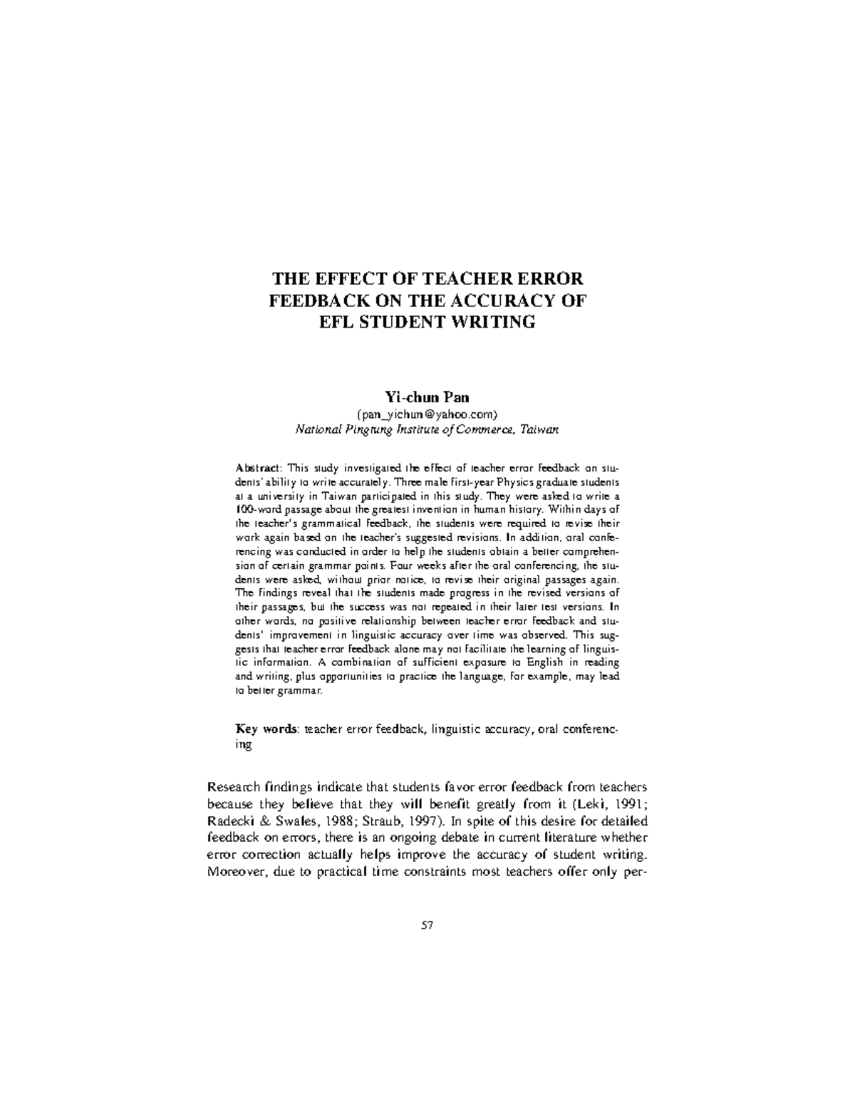 THE Effect OF Teacher Error Feedback ON THE Accuracy OF EFL Student ...