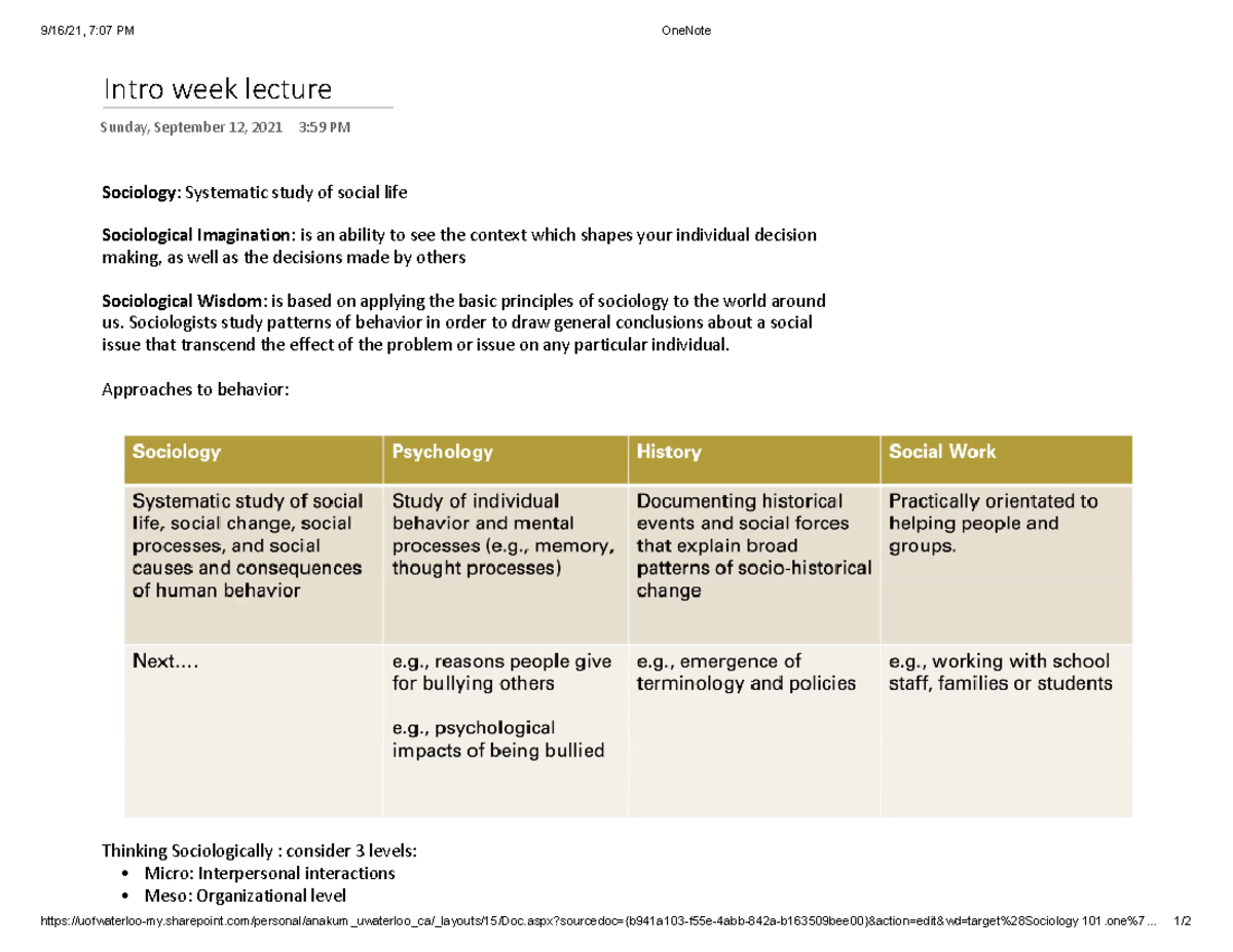 Sociology 101- Introduction to Sociology - 9/16/21, 7:07 PM OneNote ...