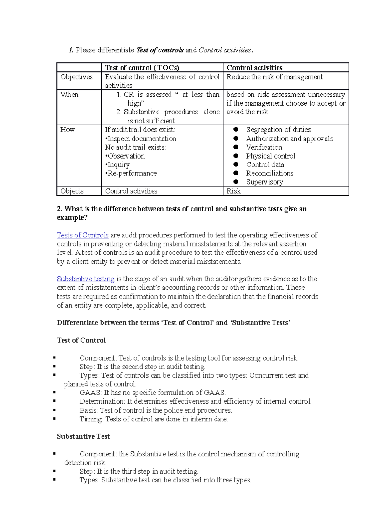 Please differentiate Test of controls and Control - Test of control ...