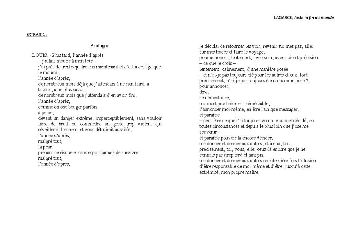 Analyse Linéaire Juste La Fin Du Monde Prologue | Chtoby Pomnili