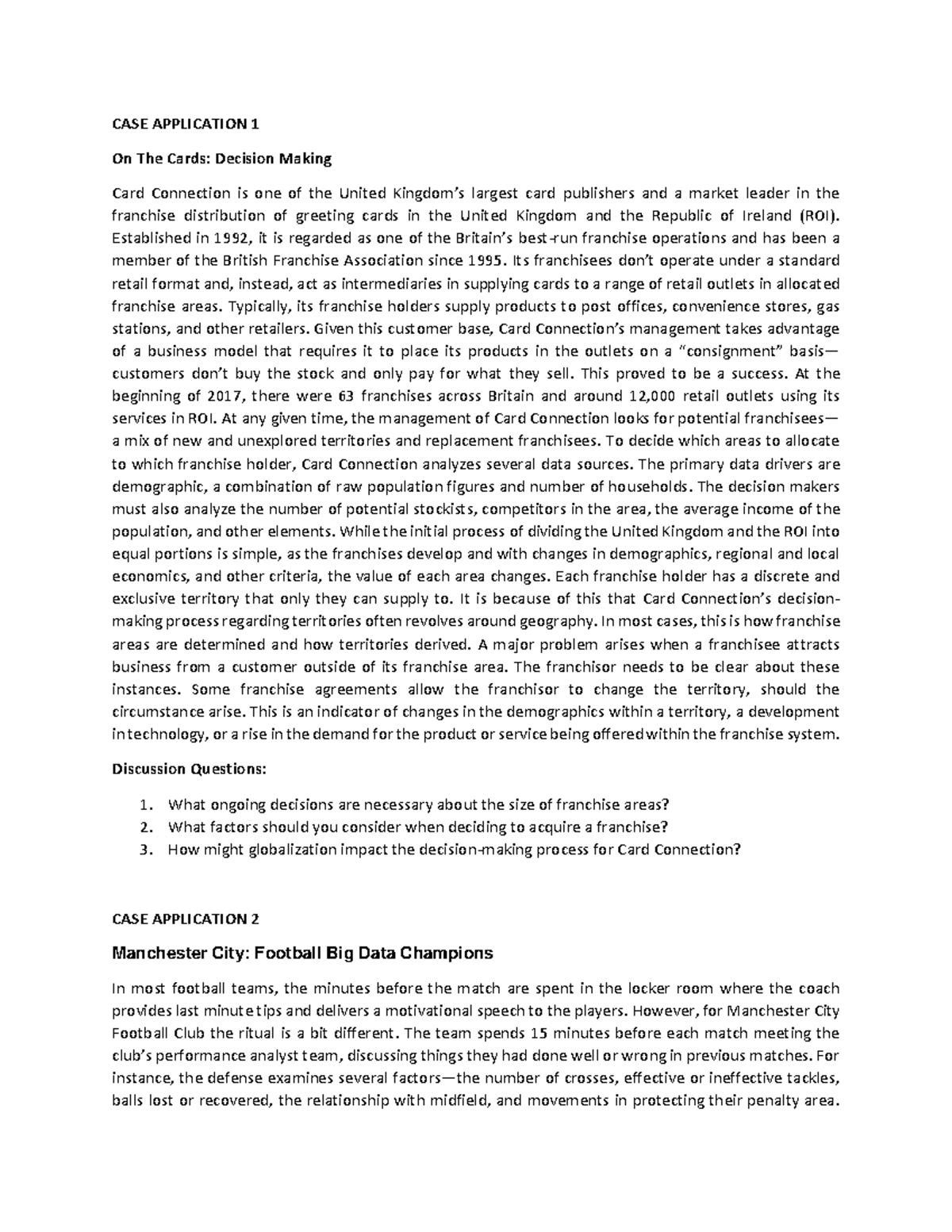 Case Application Ch2 - CASE APPLICATION 1 On The Cards: Decision Making ...