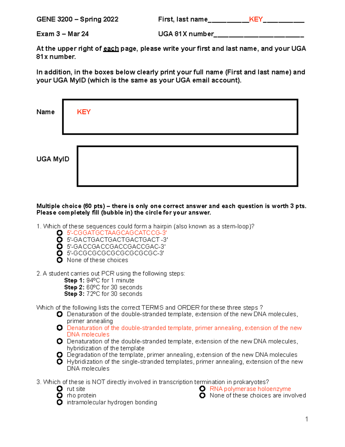 Exam 3 Final KEY - exam 3 - Exam 3 – Mar 24 UGA 81X number ...