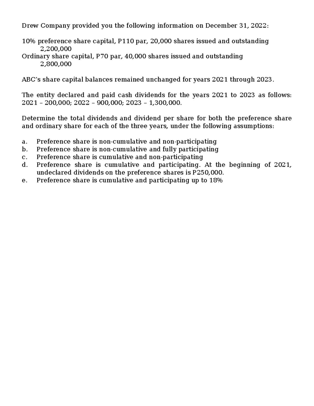 Allocation OF CASH Dividends Preference Share AND Ordinary Share - Drew ...
