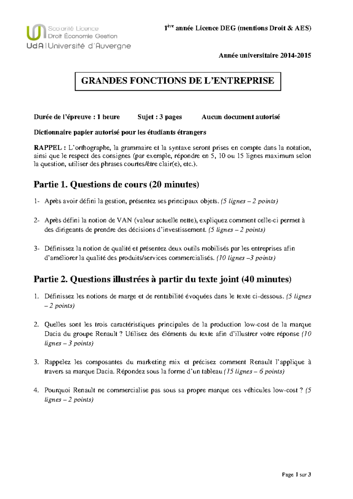 Gfe - Grandes fonctions de l'entreprise examen - Page 1 sur 3 1 ère année Licence DEG (mentions ...