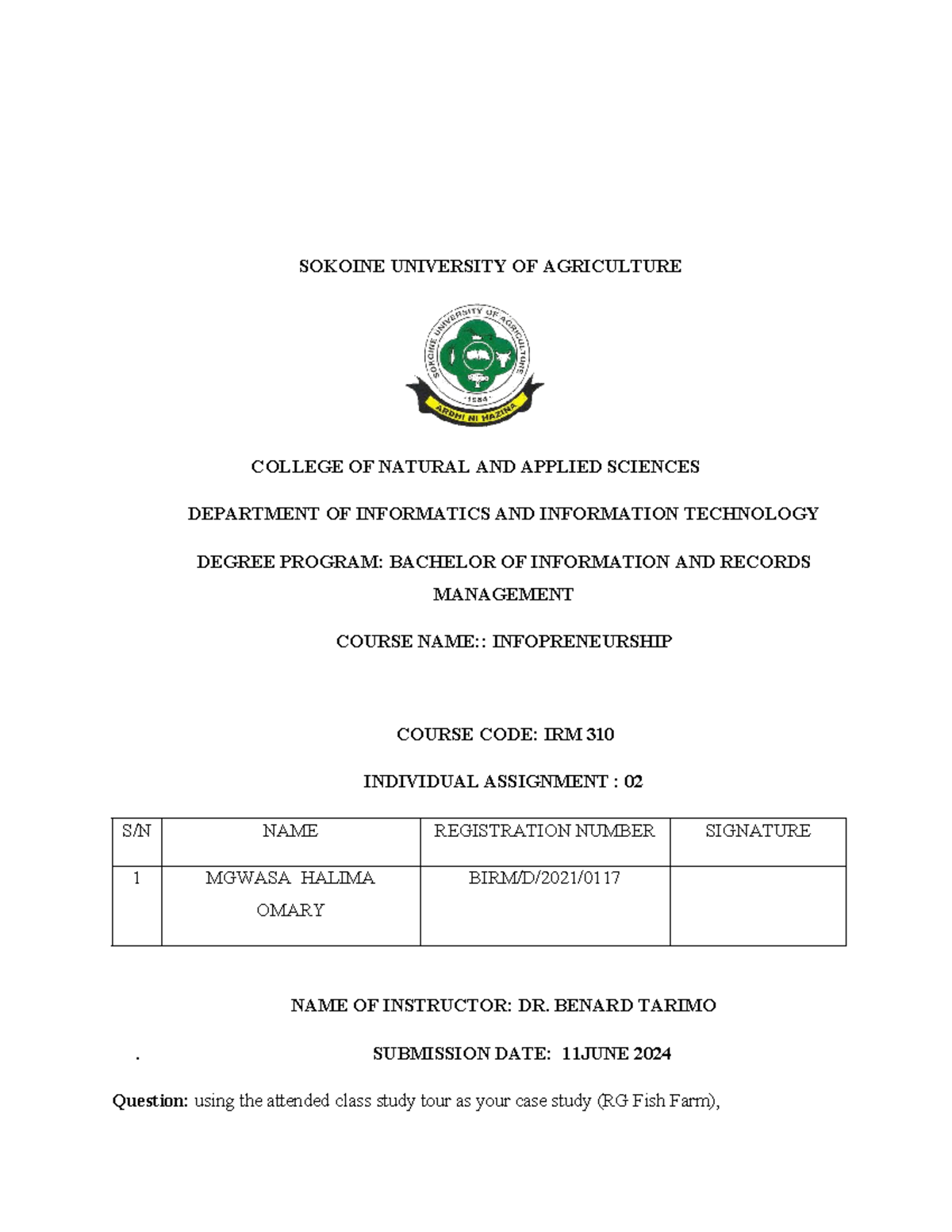 IRM310 - SOKOINE UNIVERSITY OF AGRICULTURE COLLEGE OF NATURAL AND ...