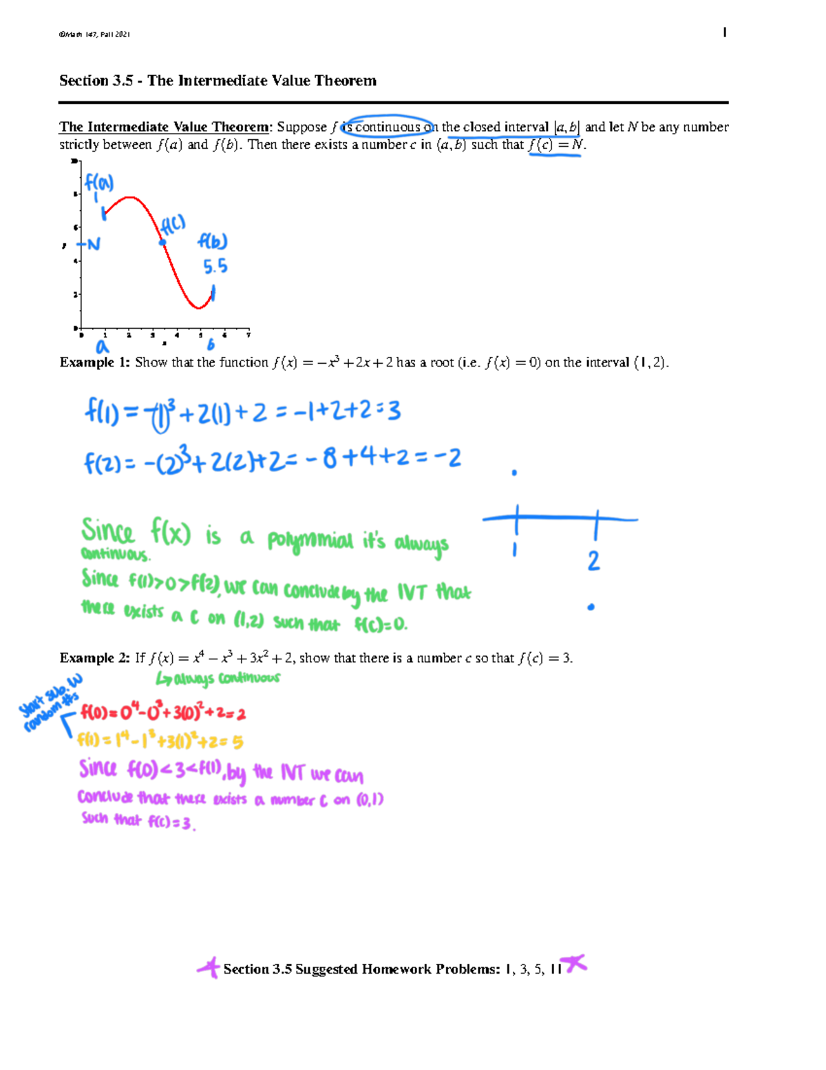 3.5 Notes - section 3.5 covers intermediate value theorem - MATH 147 ...