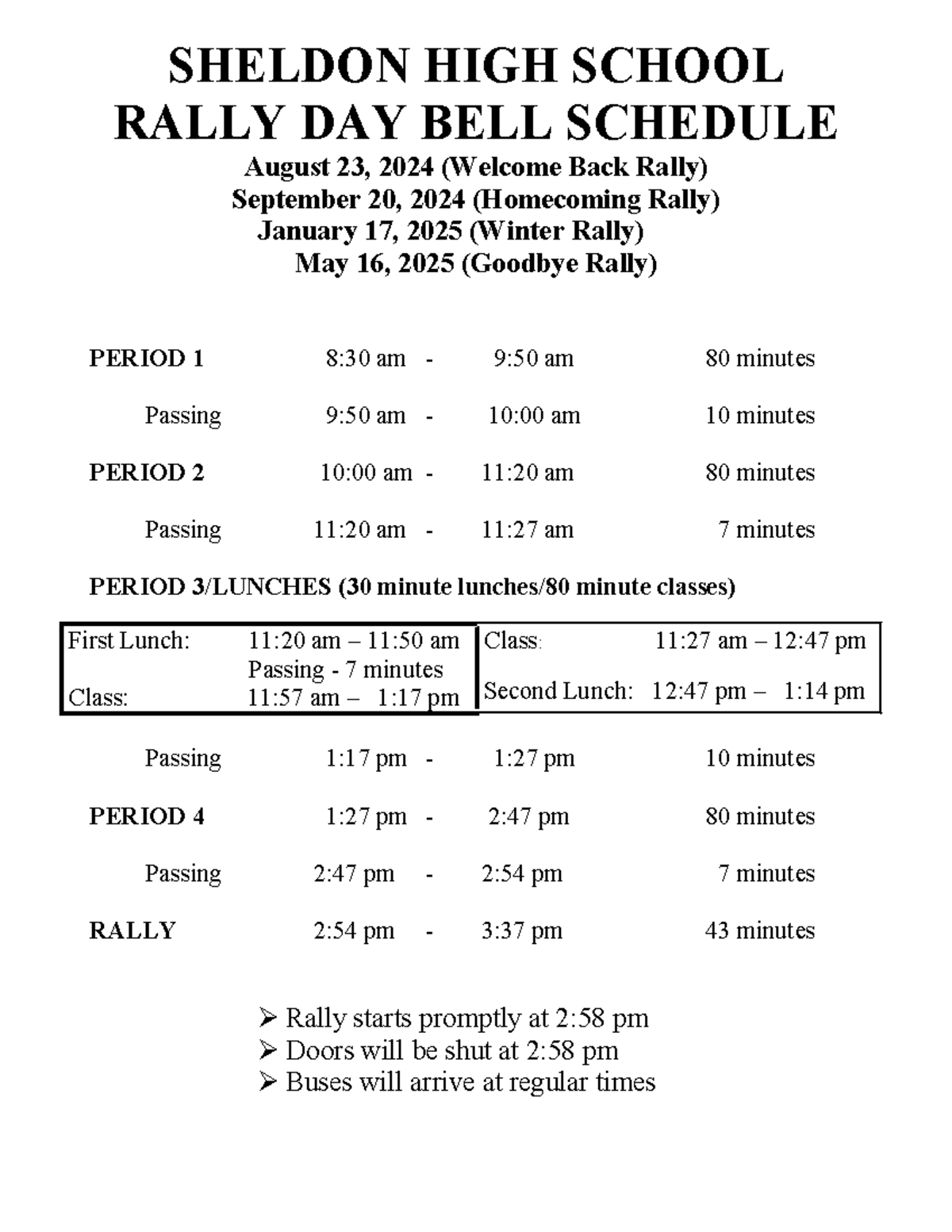 Rally Day Schedule 2024-2025 - SHELDON HIGH SCHOOL RALLY DAY BELL ...