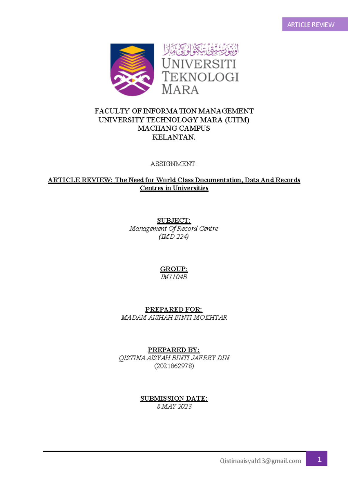 ASS.INDV,Article Review - FACULTY OF INFORMATION MANAGEMENT UNIVERSITY ...