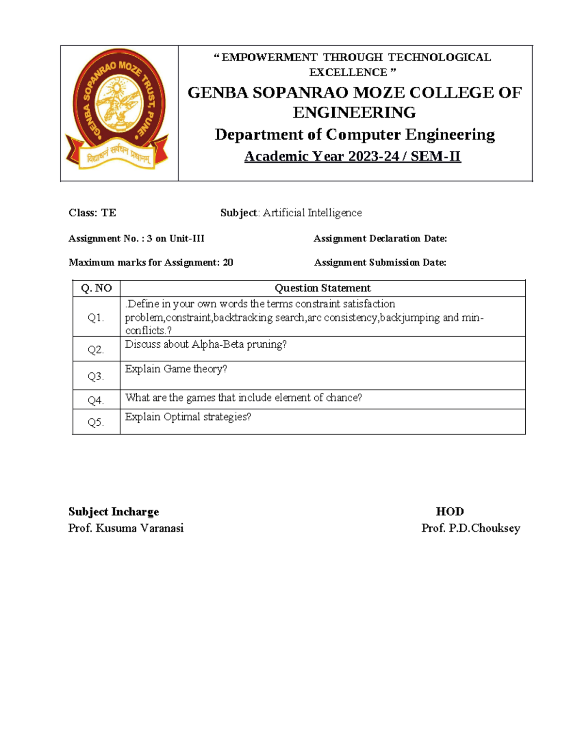 AI(Unit-3) - AI ASSIGNMENT SPPU - “ EMPOWERMENT THROUGH TECHNOLOGICAL ...