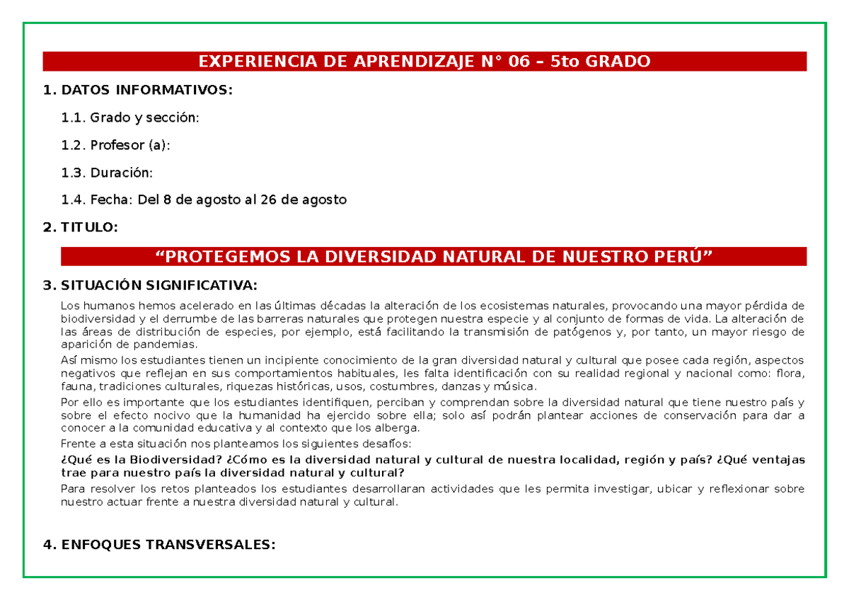 5° Experiencia DE Aprendizaje N°06 - EXPERIENCIA DE APRENDIZAJE 06 5to GRADO 1. DATOS ...