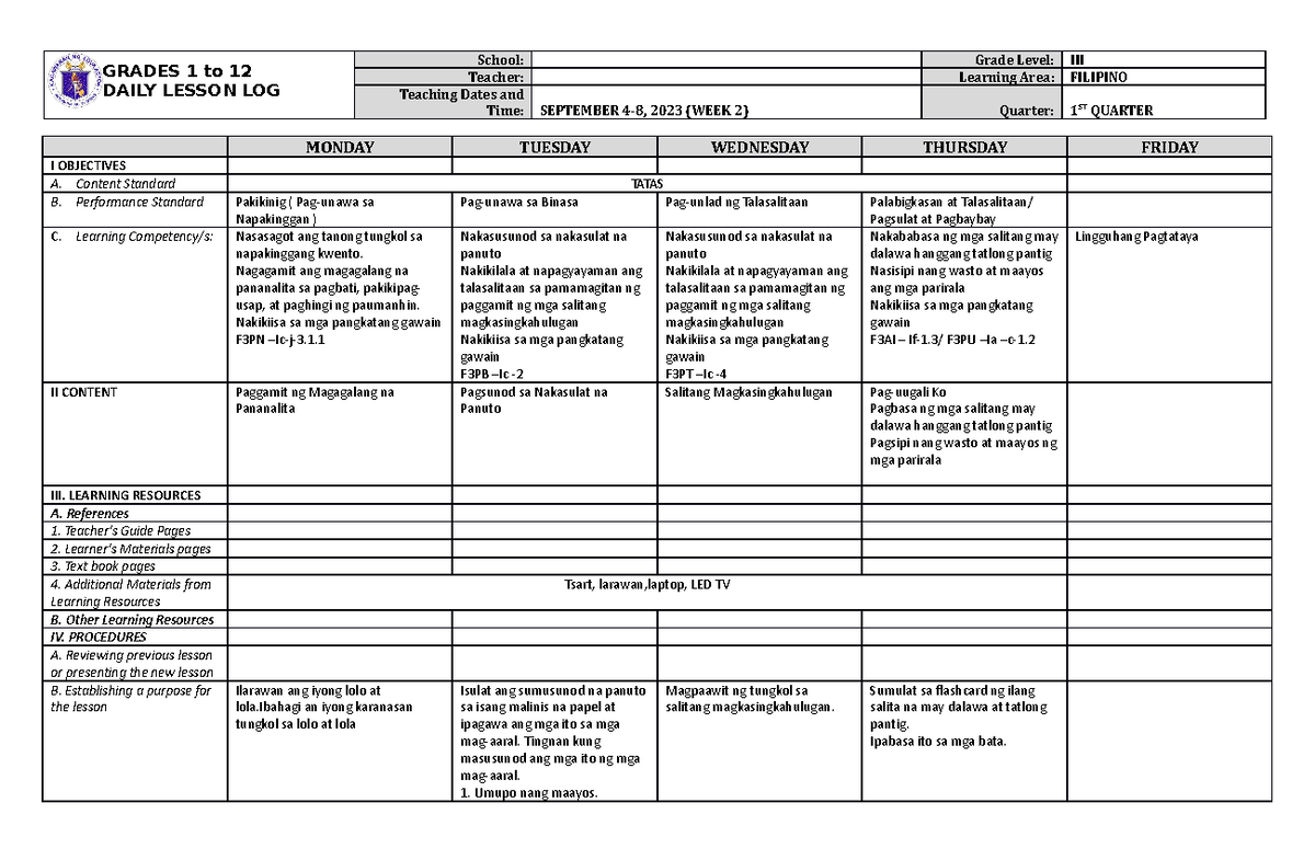 DLL Filipino 3 Q1 W2 - GRADES 1 to 12 DAILY LESSON LOG School: Grade ...