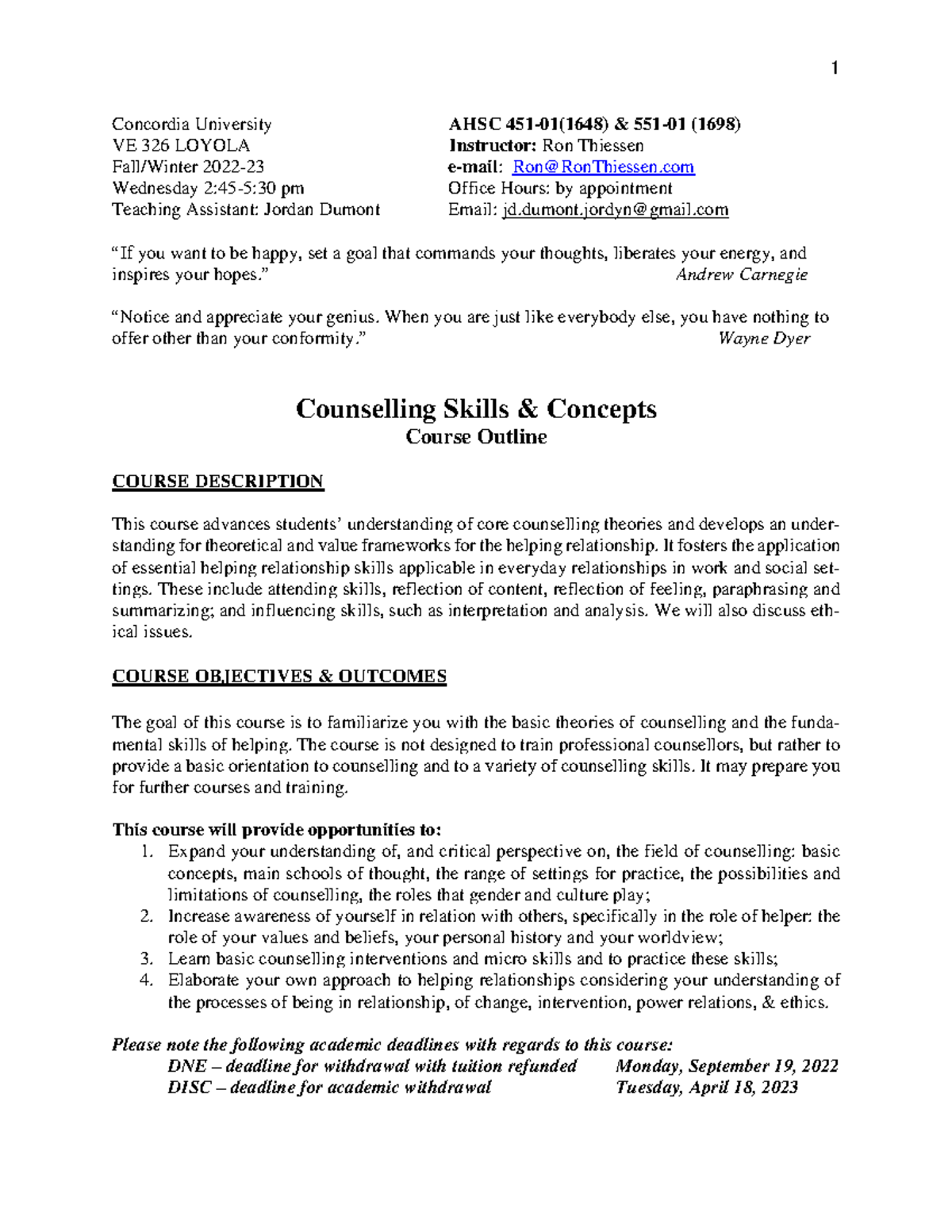 Course Outline - AHSC 451 with Ron Thiessen. - Concordia University ...