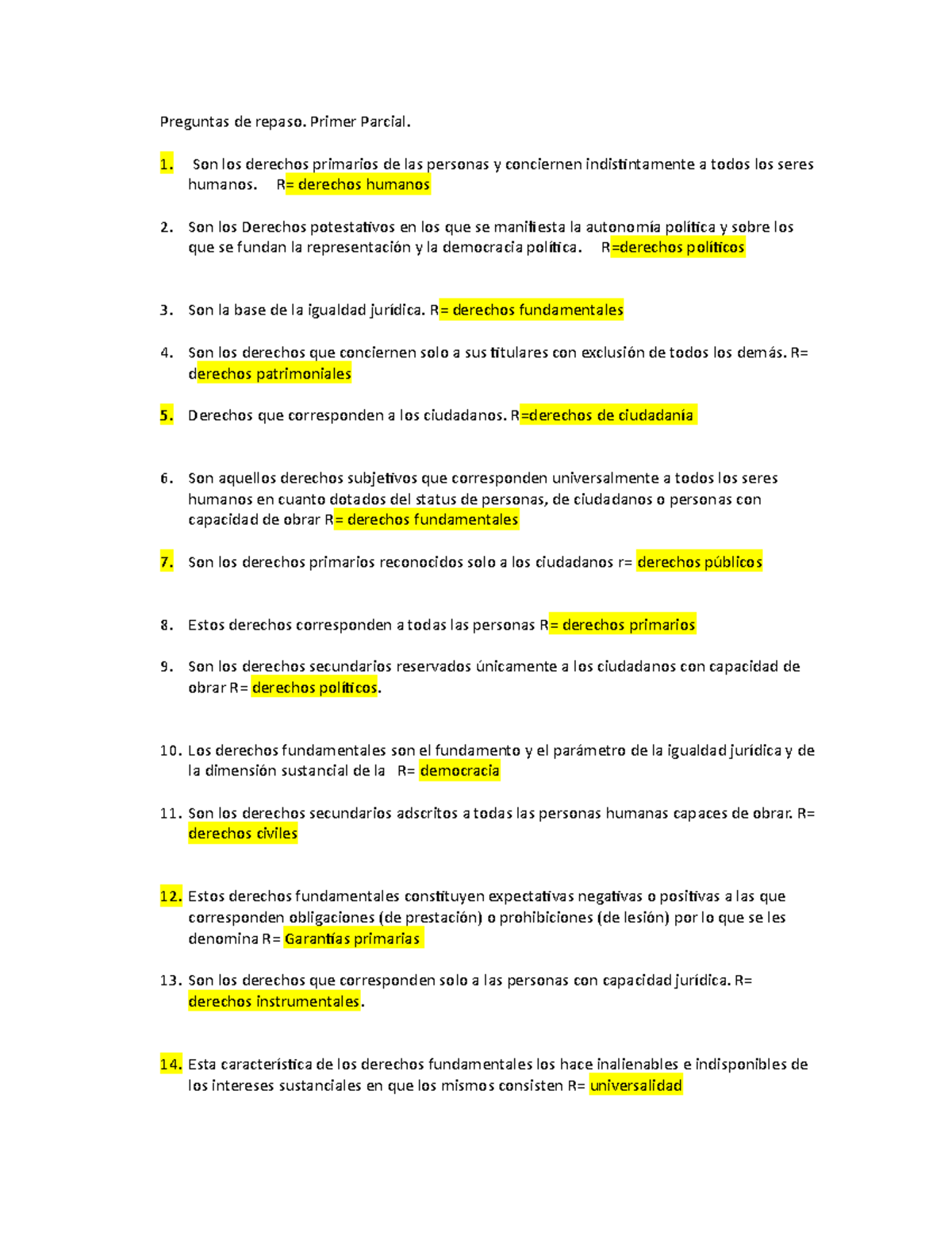 Derechos Humanos Repaso 1er Parcial - Preguntas de repaso. Primer ...