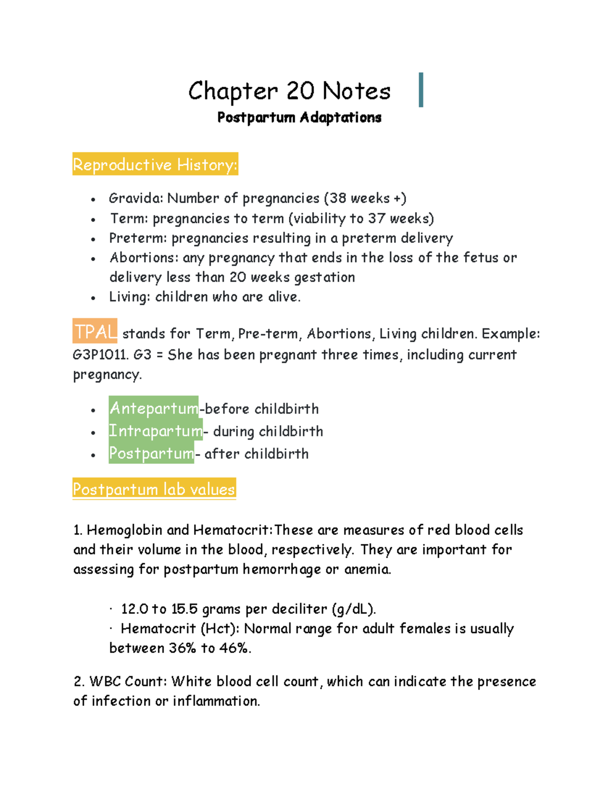 Chapter 20 Notes- Post Partum - Chapter 20 Notes Postpartum Adaptations ...
